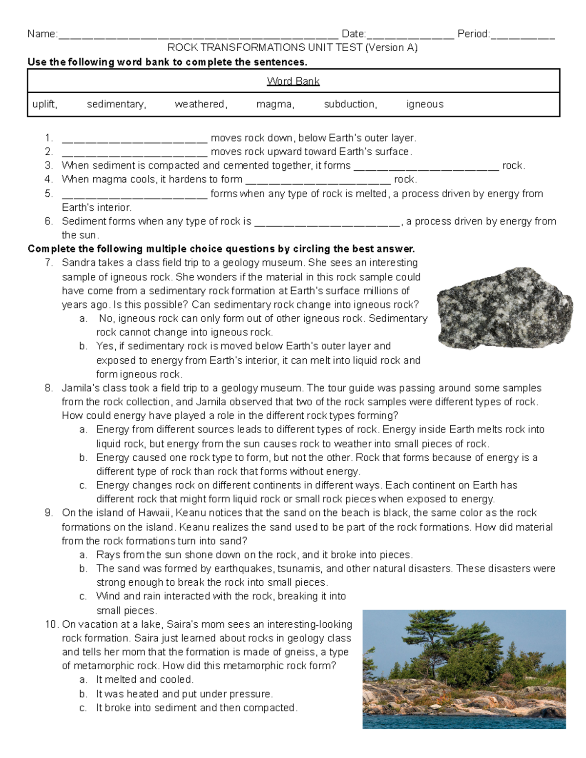 Rock Transformations Unit Test Study Guideusewith Amplify Science-1 ...