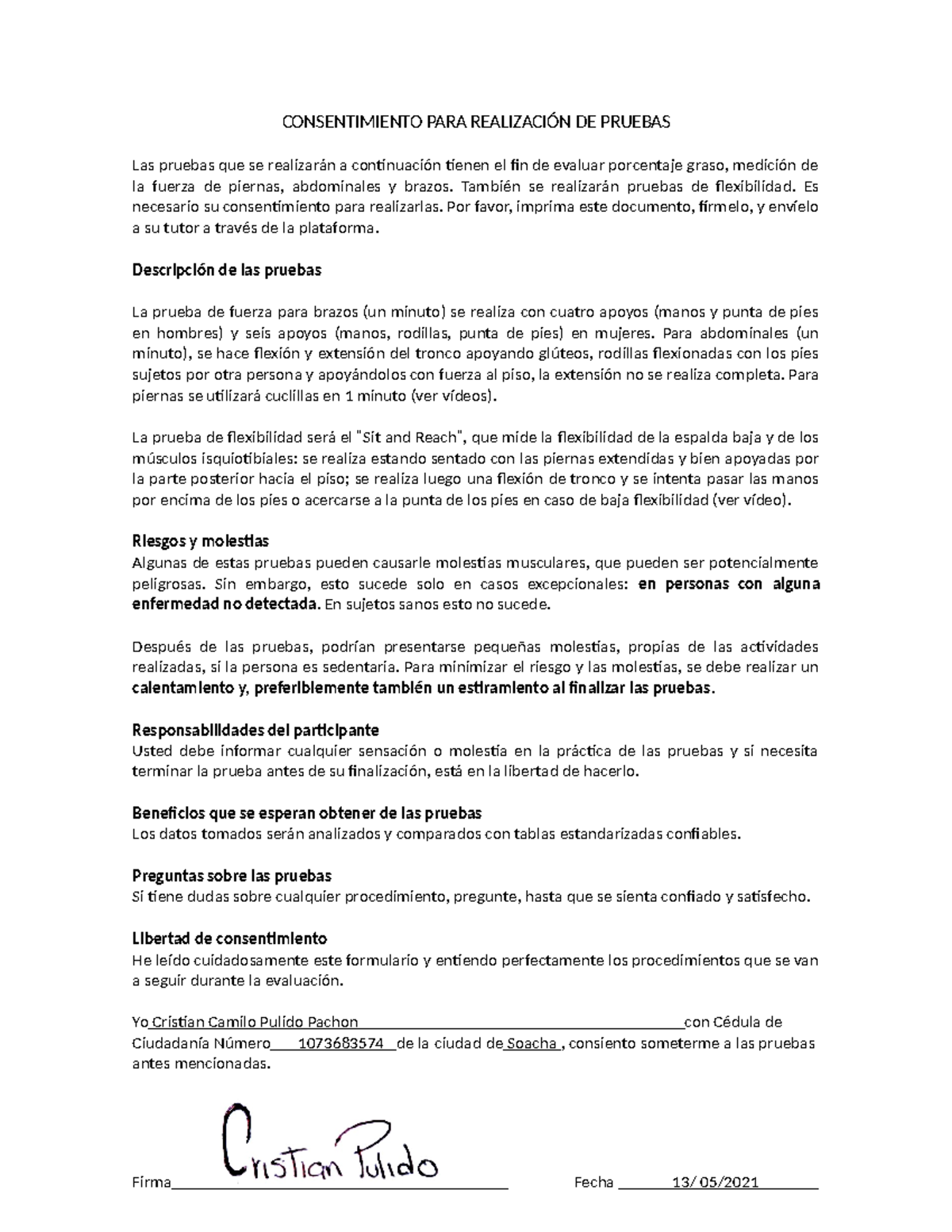 Consentimiento Informado Fichas Virtuales Camilo - CONSENTIMIENTO PARA REALIZACIÓN DE PRUEBAS ...