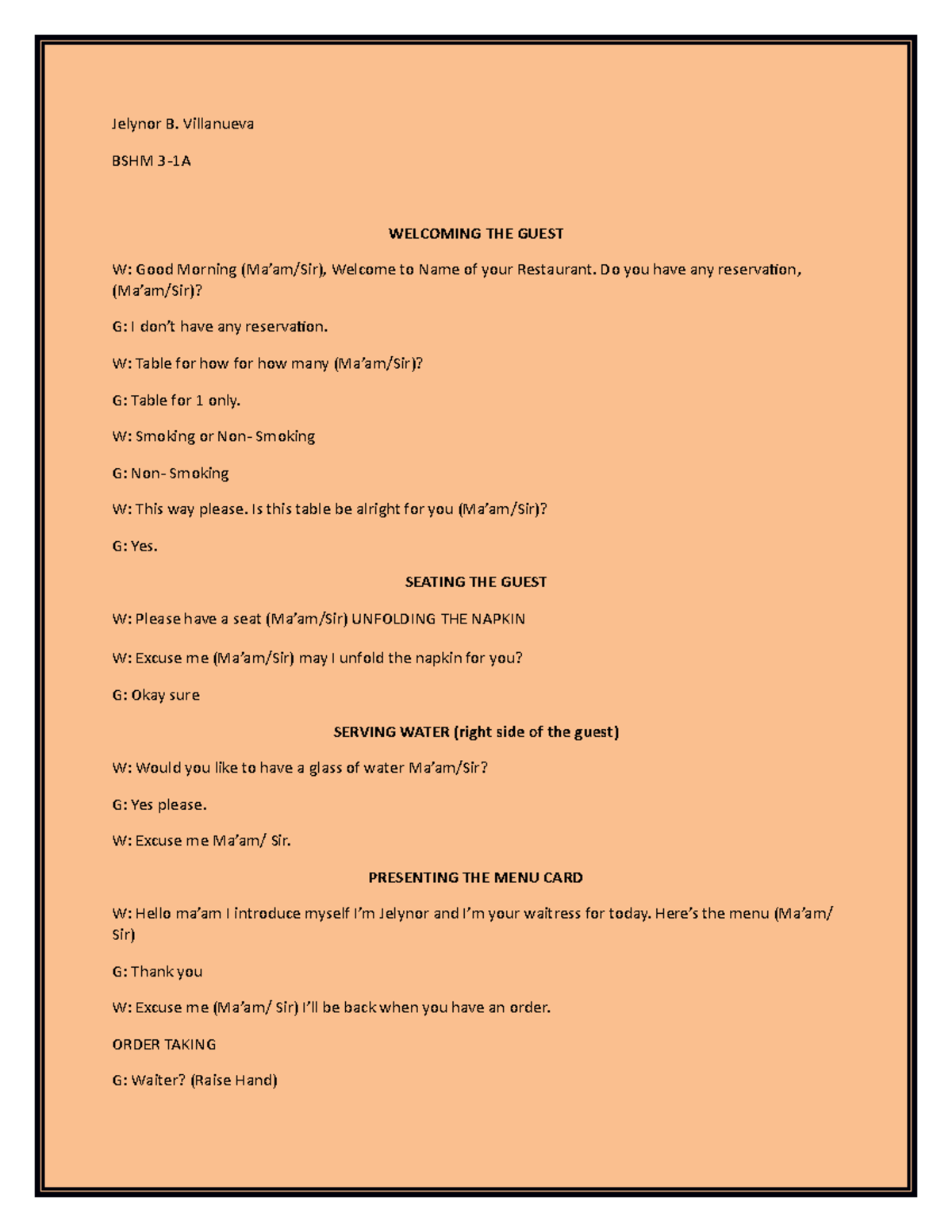 Script in Dining Service ( Villanueva, Jelynor) - Jelynor B. Villanueva ...