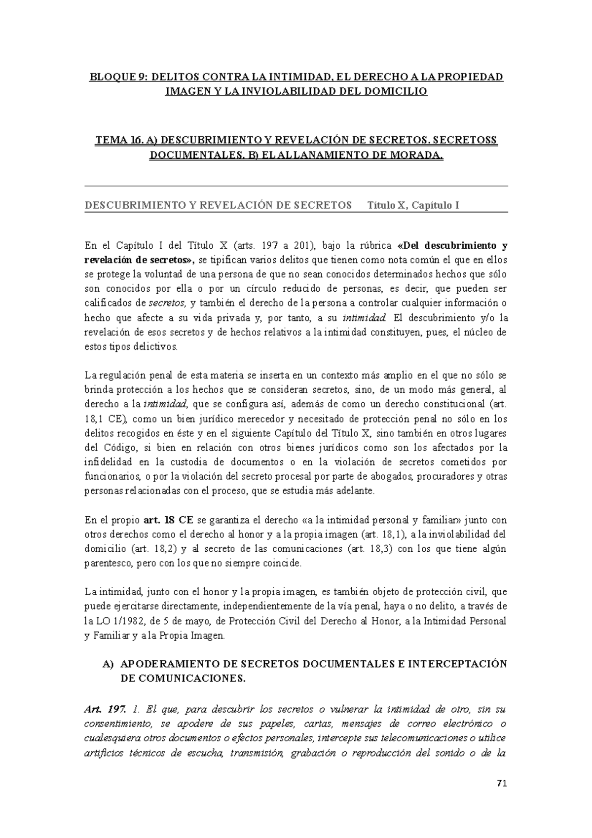 Bloque 9 Delitos Contra LA Intimidad - BLOQUE 9: DELITOS CONTRA LA INTIMIDAD, EL DERECHO A LA ...
