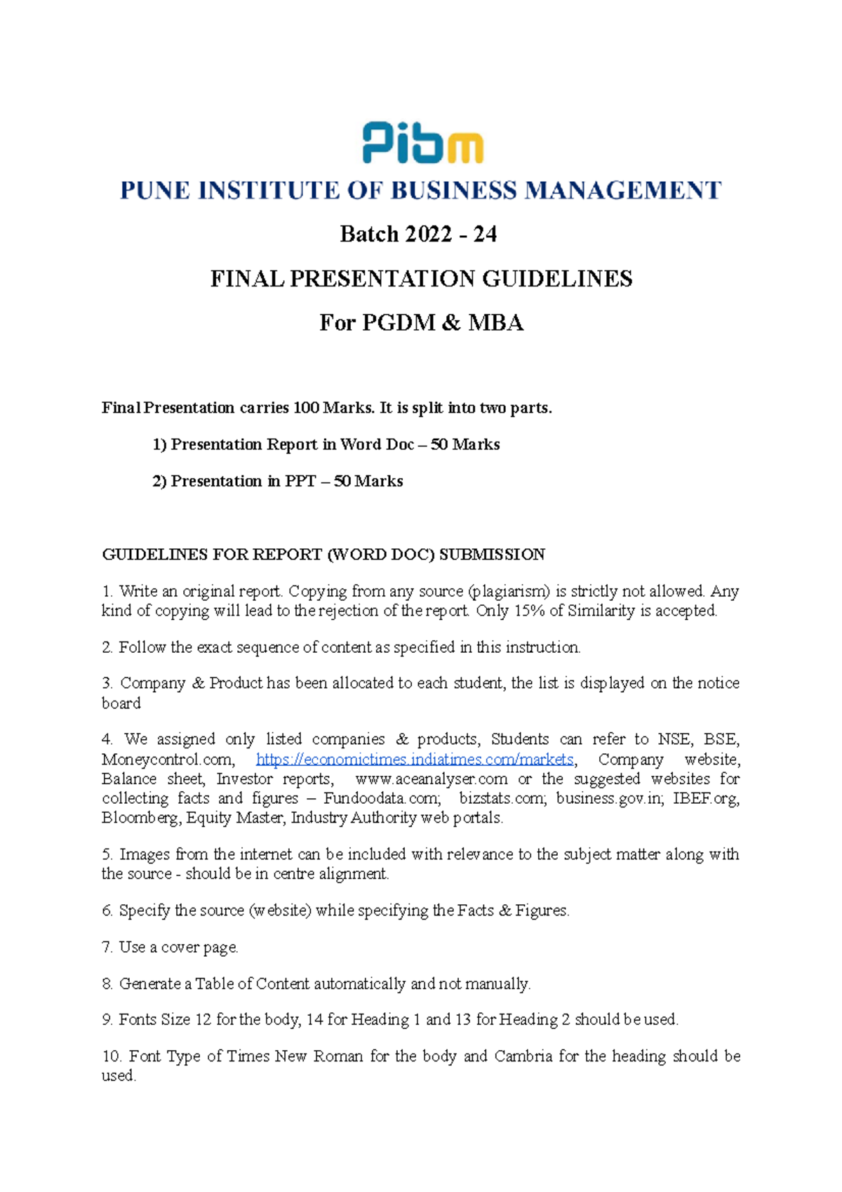 Final Project - No need to fill - Batch 2022 - 24 FINAL PRESENTATION GUIDELINES For PGDM & MBA ...