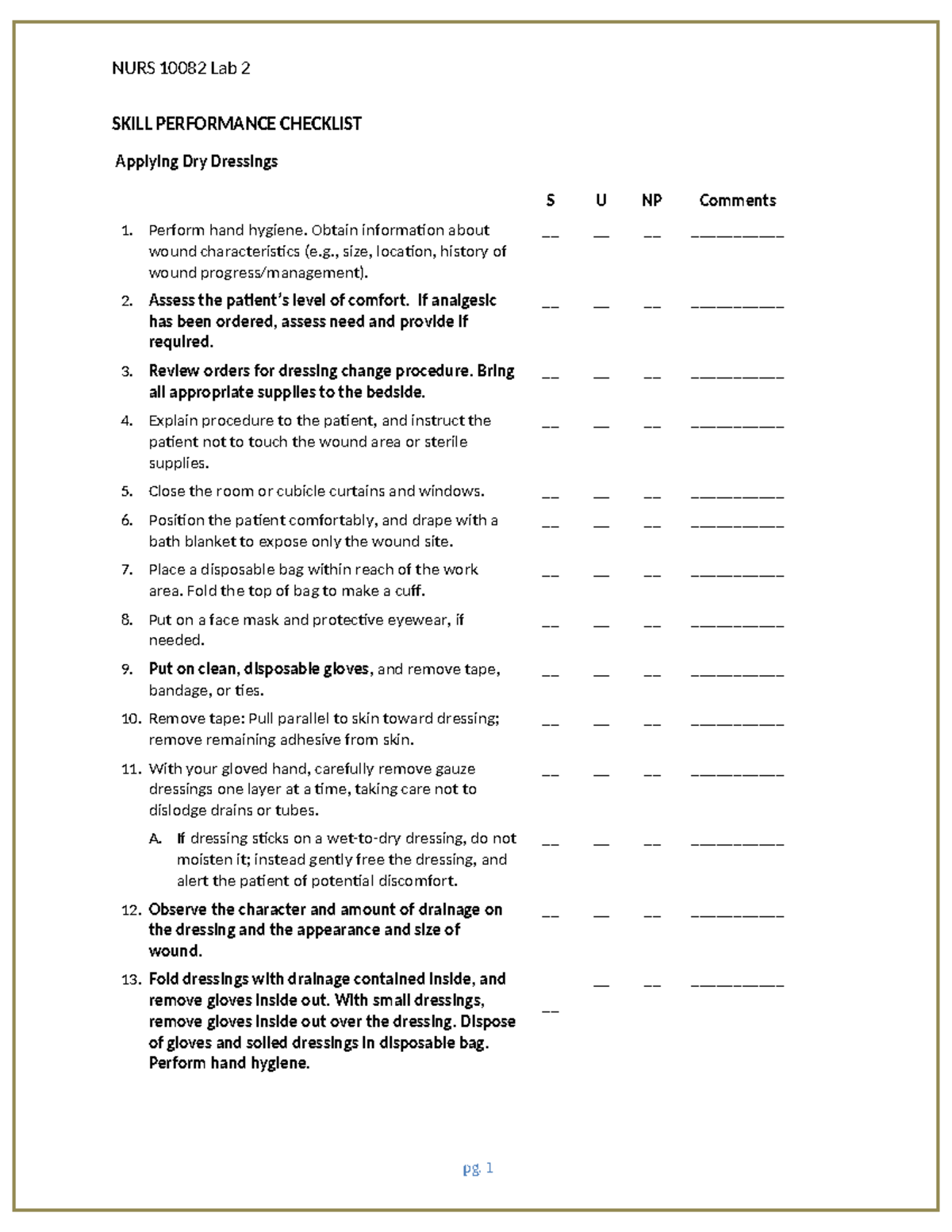 Sterile Dressing skills checklist W19 - NURS 10082 Lab 2 SKILL ...