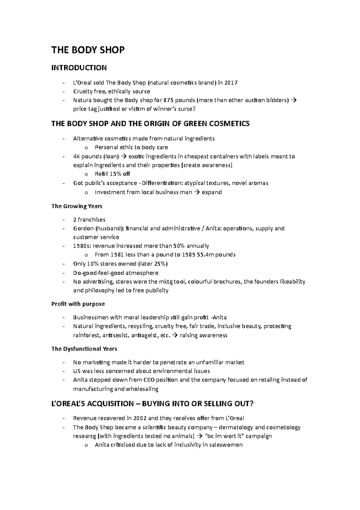 THE BODY SHOP resumen - THE BODY SHOP INTRODUCTION L’Oreal sold The ...