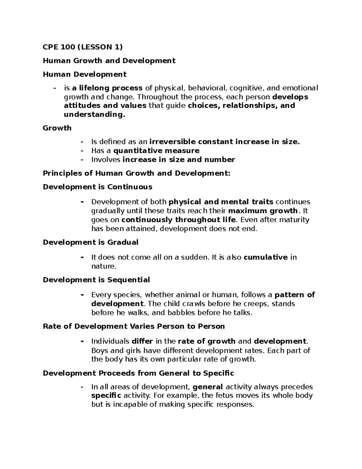 CPE 100 Lesson 1-3 - CPE 100 (LESSON 1) Human Growth and Development ...