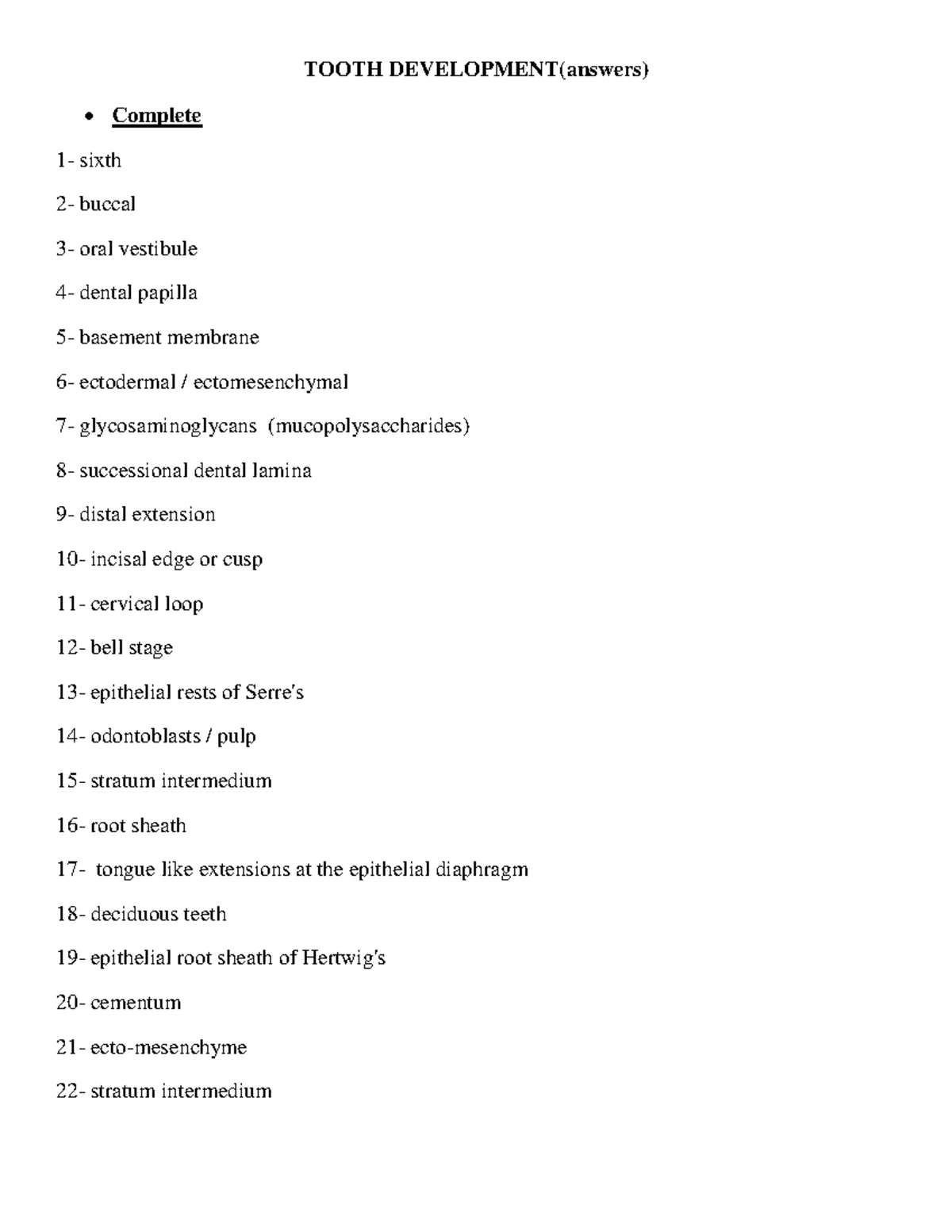 Tooth Development Answers - TOOTH DEVELOPMENT(answers) Complete 1 ...