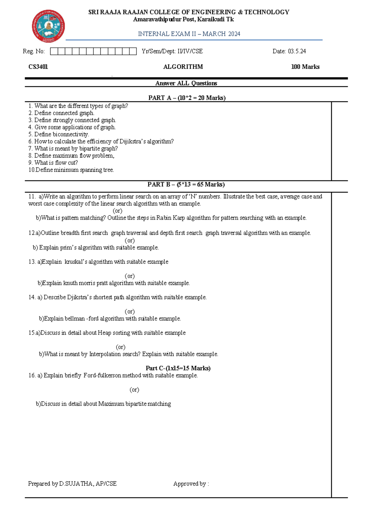Internal 2 QP-CS3401- Algorithm - SRI RAAJA RAAJAN COLLEGE OF ENGINEERING & TECHNOLOGY - Studocu