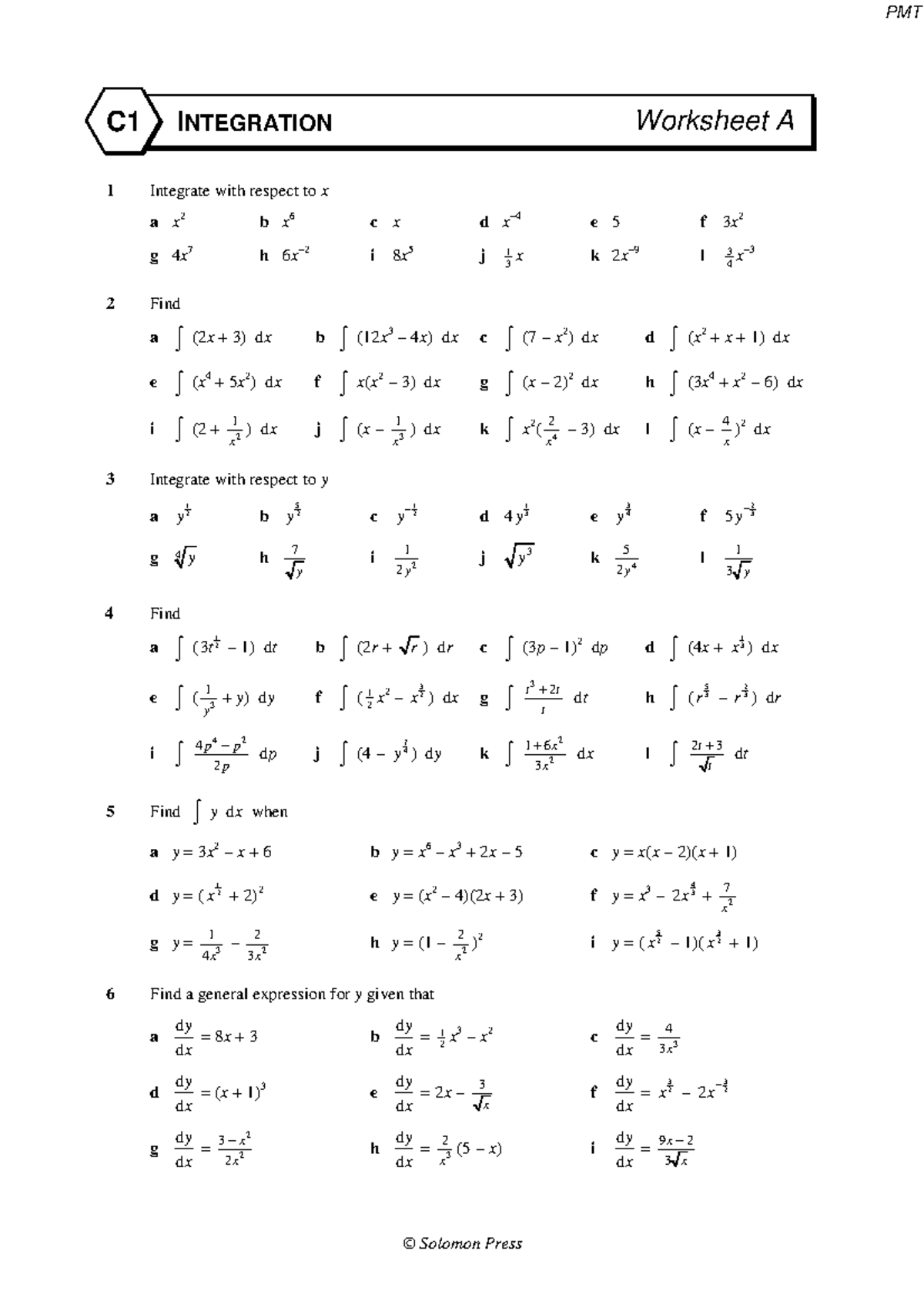 C1 Integration - Questions - C1 I NTEGRATION Worksheet A 1 Integrate ...