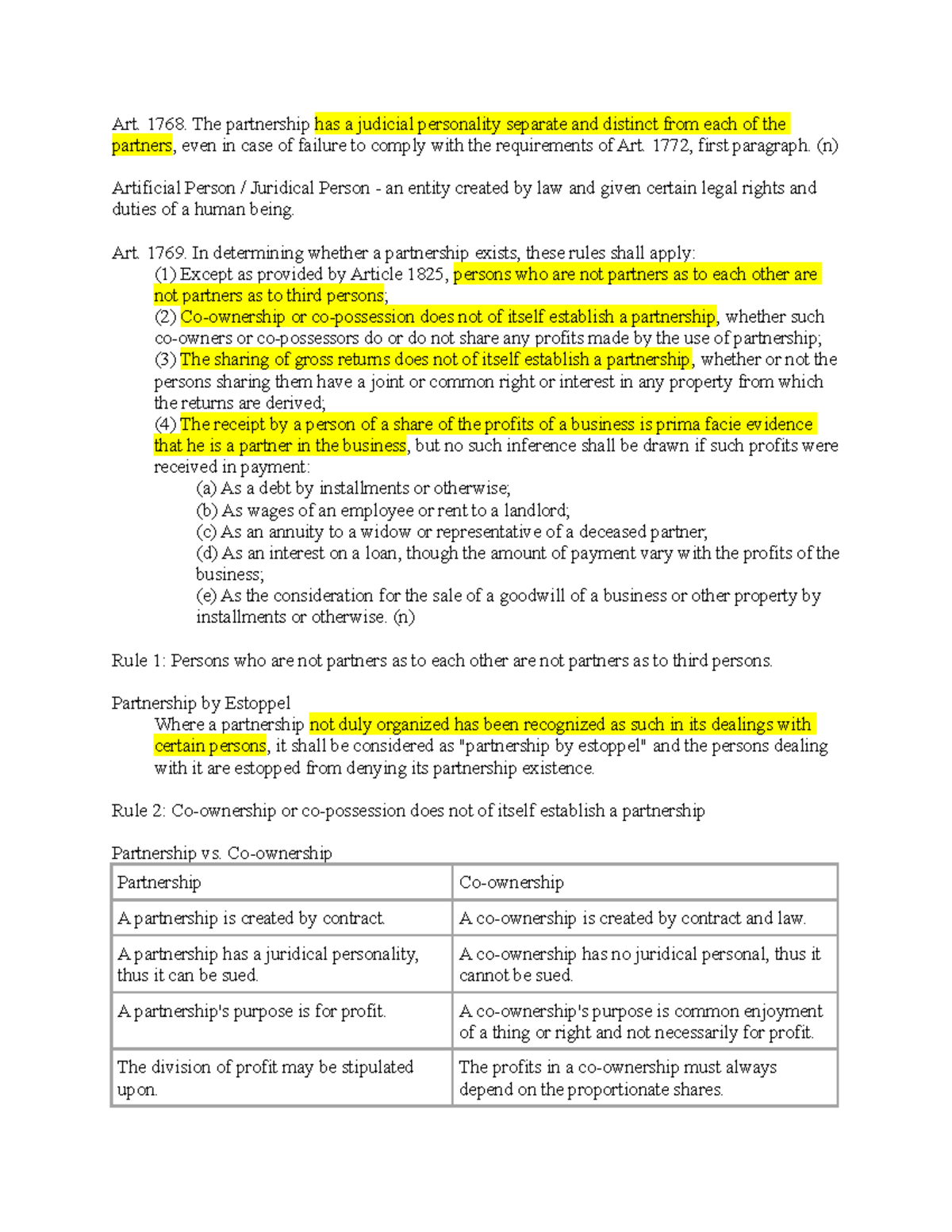Art 1768-1775 - notes - Art. 1768. The partnership has a judicial ...