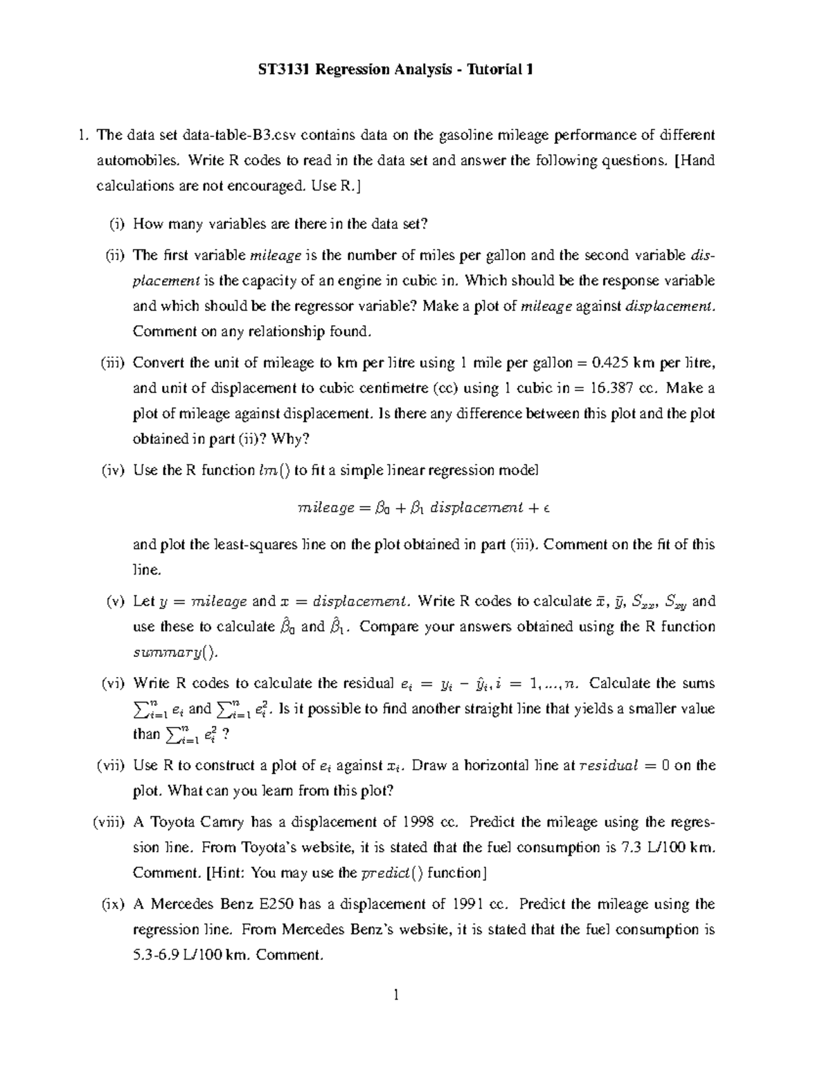 Tutorial 1 ST3131 - ST3131 Regression Analysis - Tutorial 1 The data set data-table-B3 contains ...
