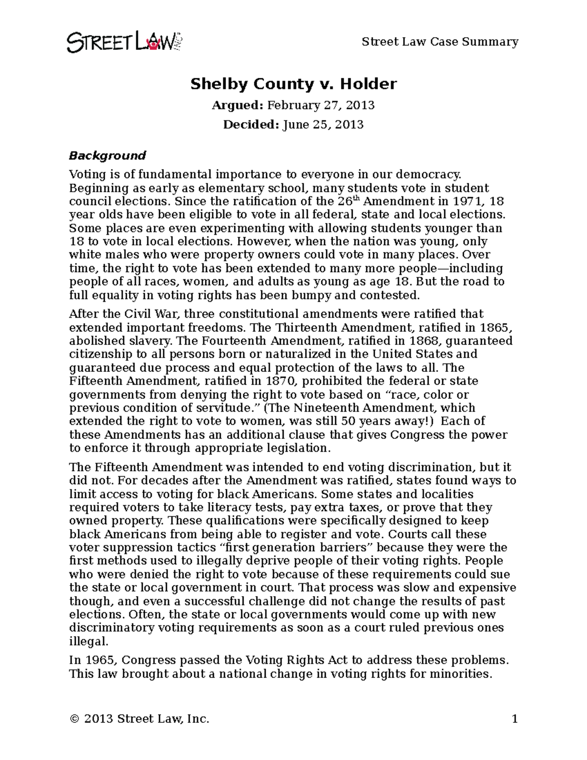Shelby county v - Street Law Case Summary Shelby County v. Holder ...