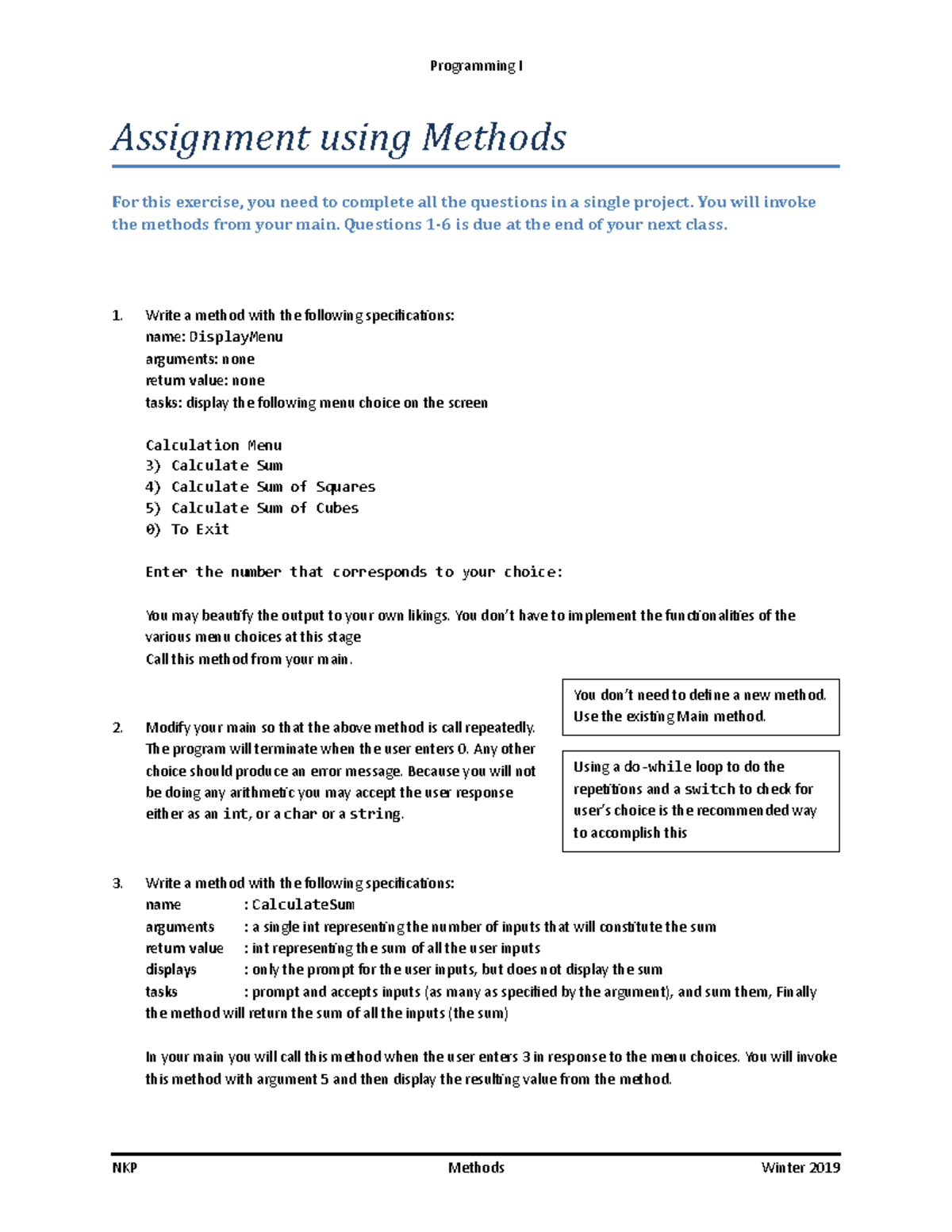 Wk09 Methods Assignment - Programming I Assignment using Methods For ...