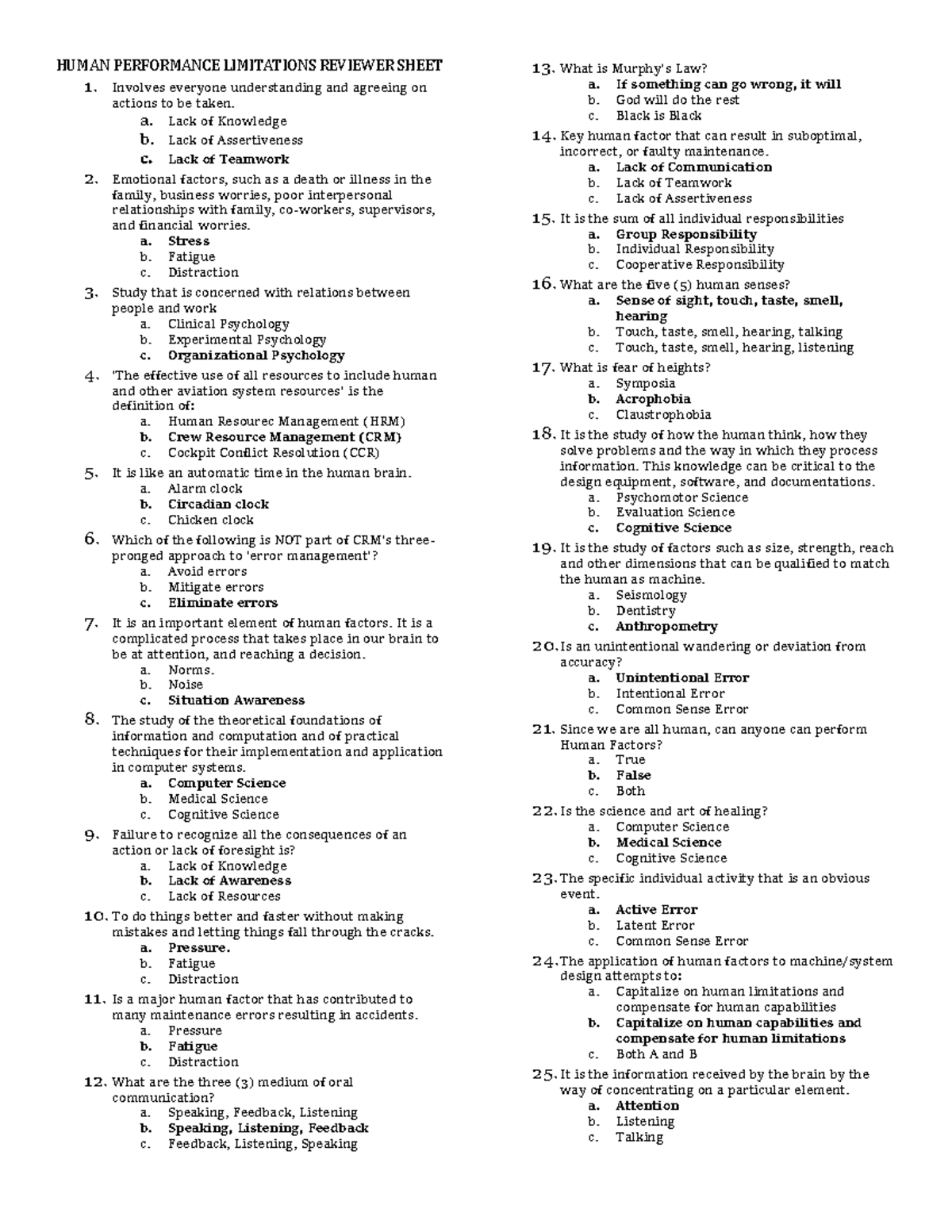 Human Performance Limitations - HUMAN PERFORMANCE LIMITATIONS REVIEWER ...