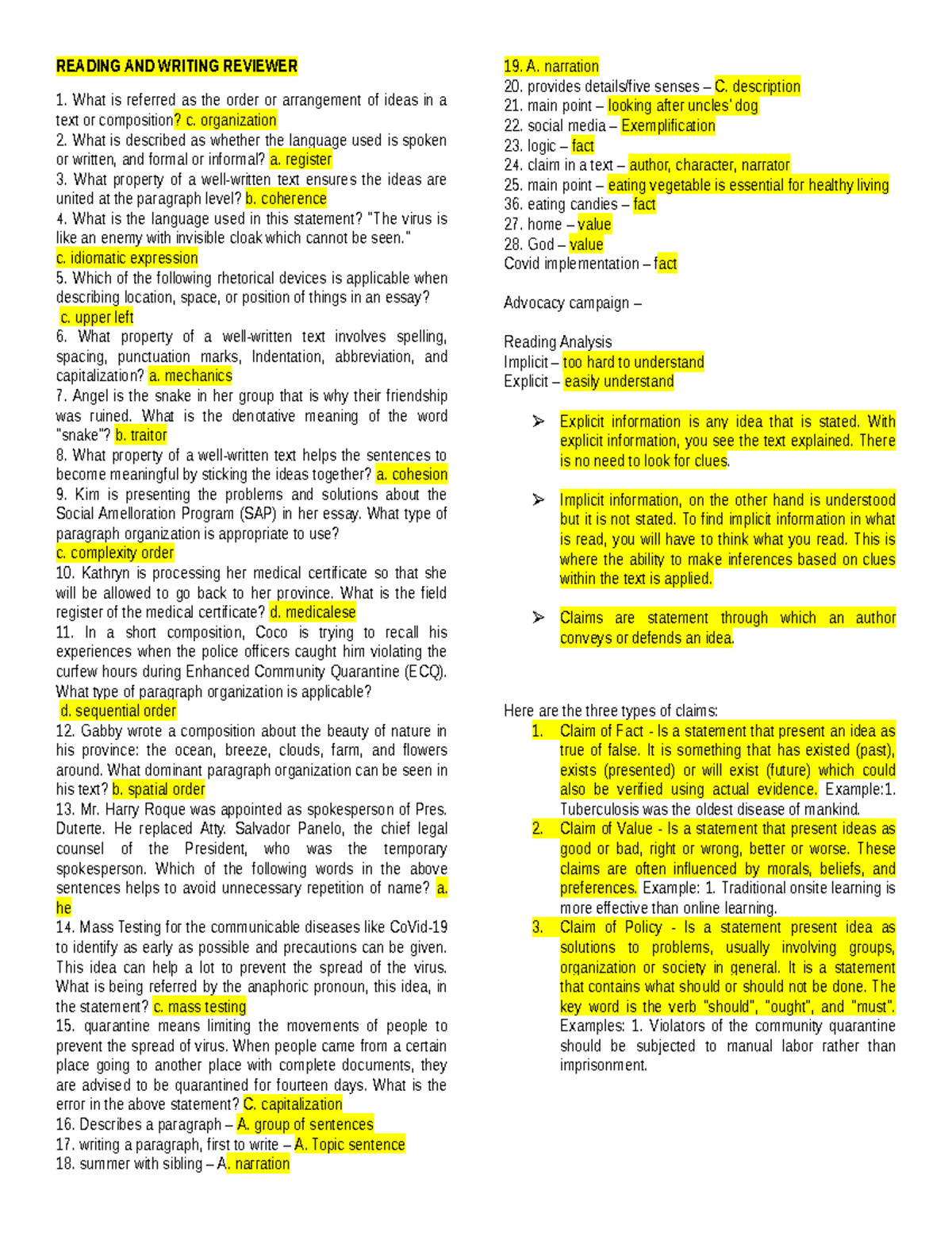 Exam Reviewers, Class Notes - READING AND WRITING REVIEWER What is ...