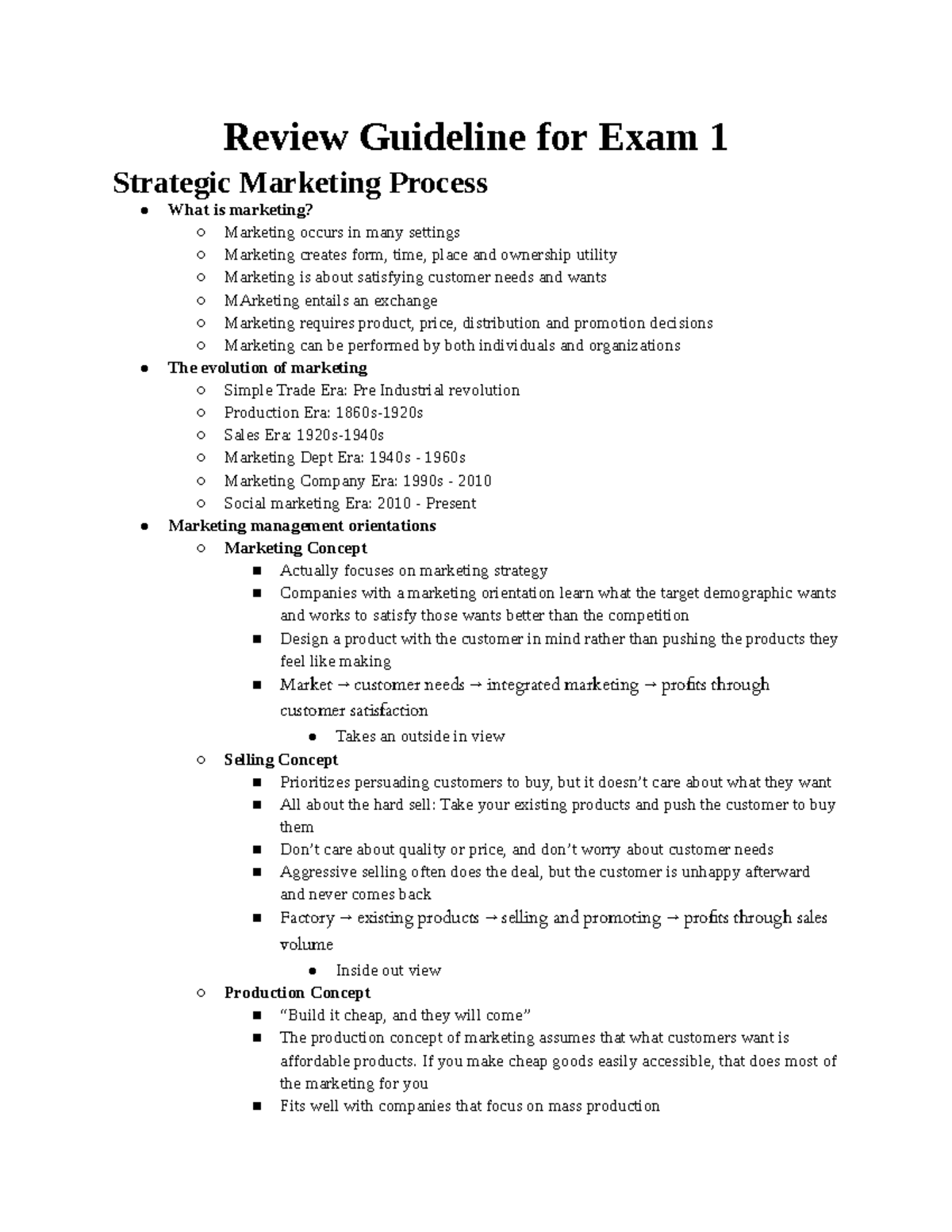 Review for Exam 1 - Review Guideline for Exam 1 Strategic Marketing ...