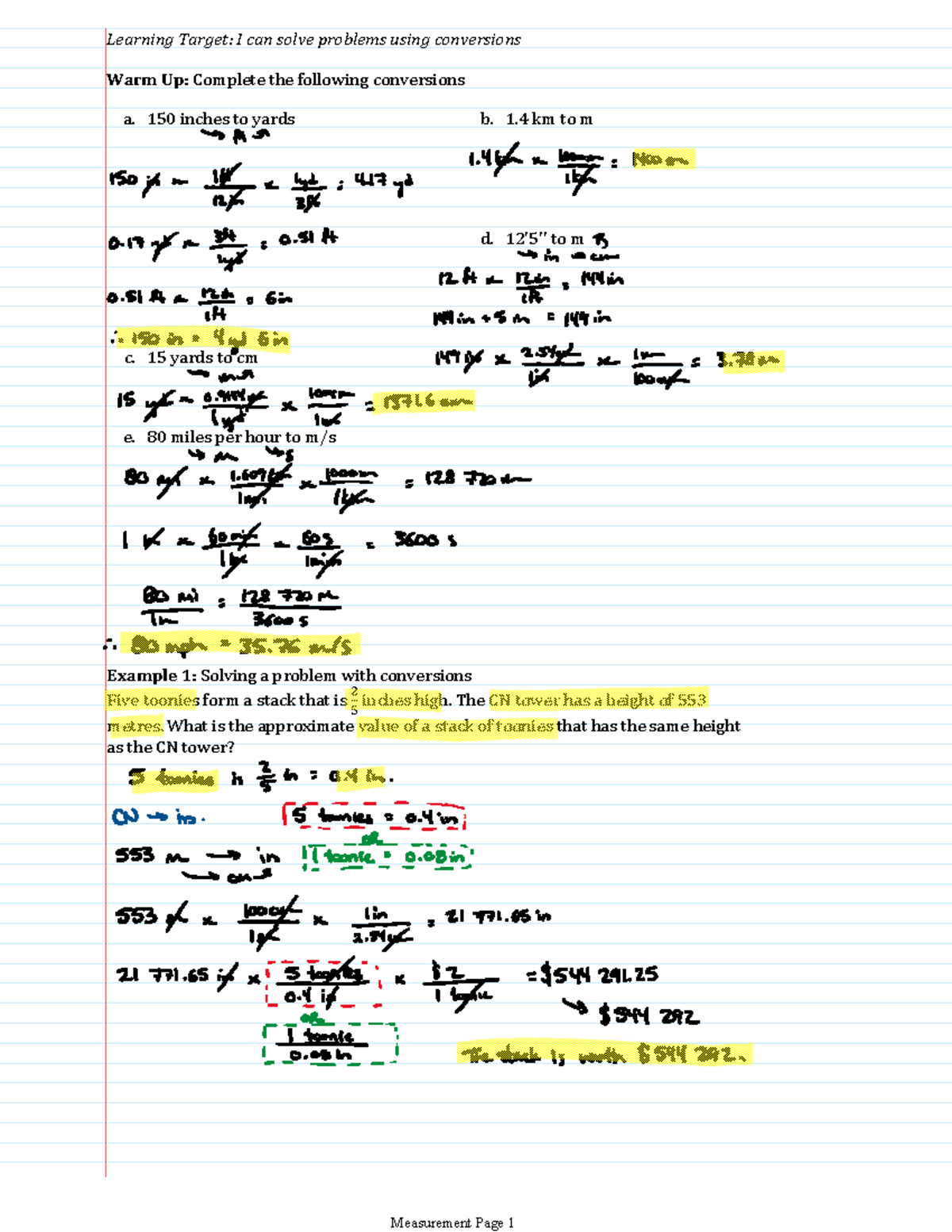 02. Converting Units Word Problems (1 - Learning Target: I can solve problems using conversions ...