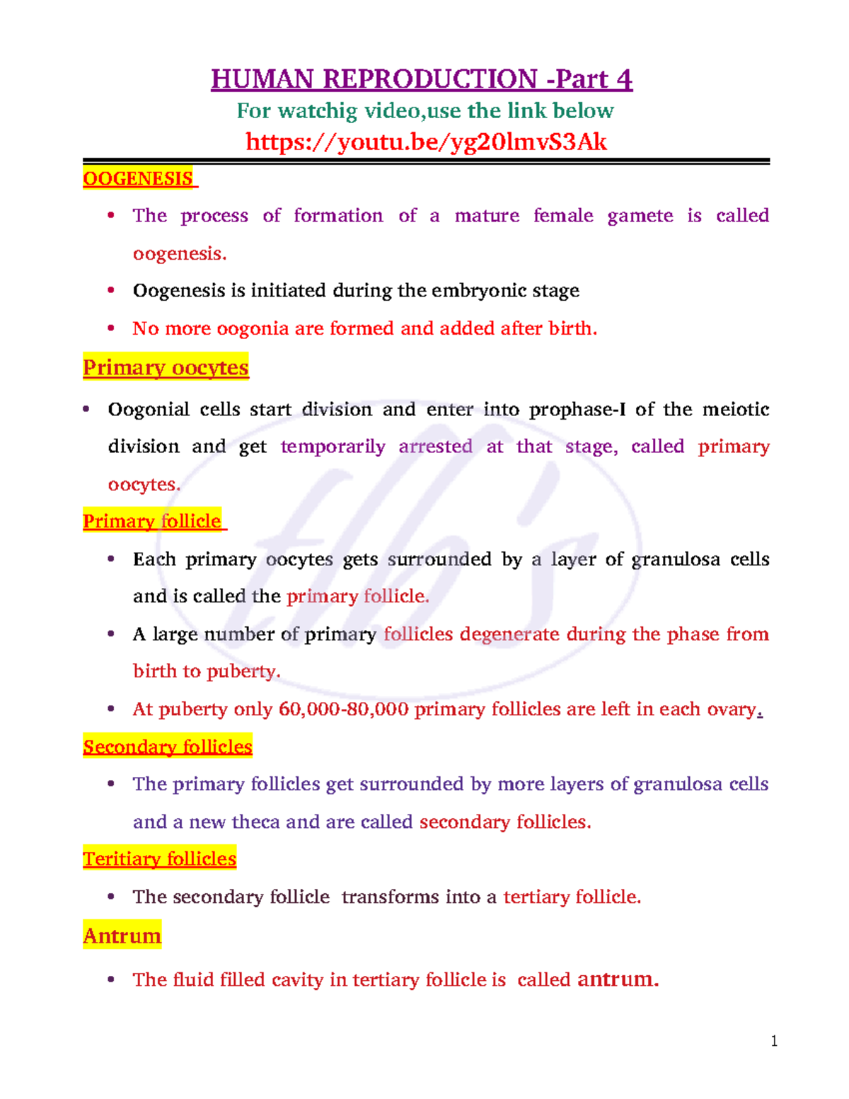 Oogenesis notes - Lecture note - HUMAN REPRODUCTION -Part 4 For watchig ...
