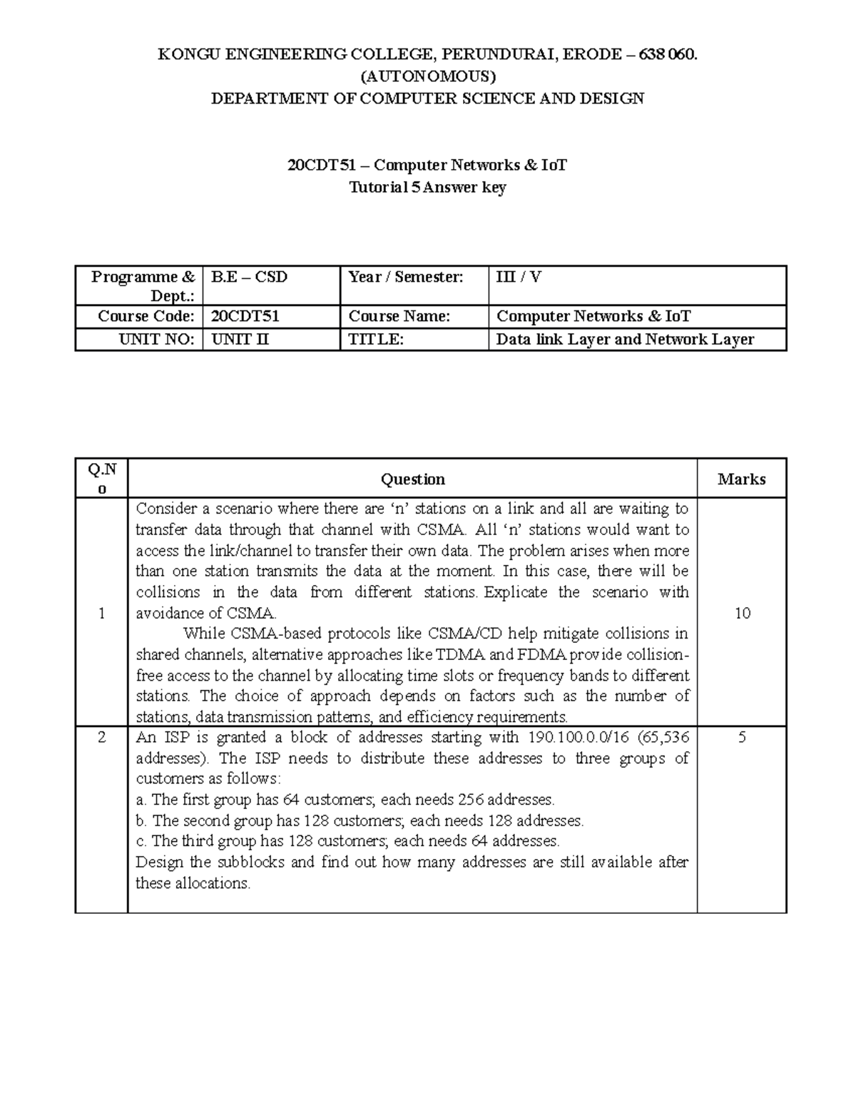 CN main tutorial 5 answer key - KONGU ENGINEERING COLLEGE, PERUNDURAI ...