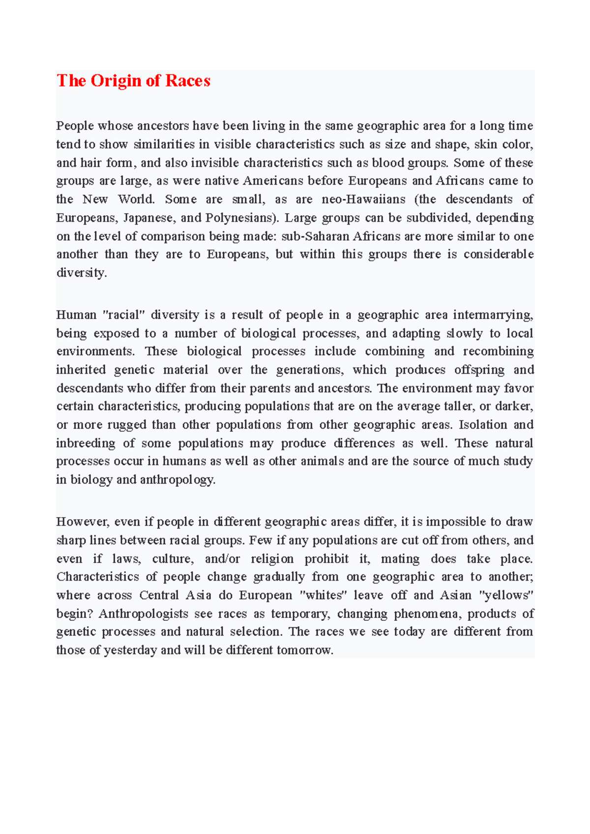 4b. The origin of races - The Origin of Races People whose ancestors ...