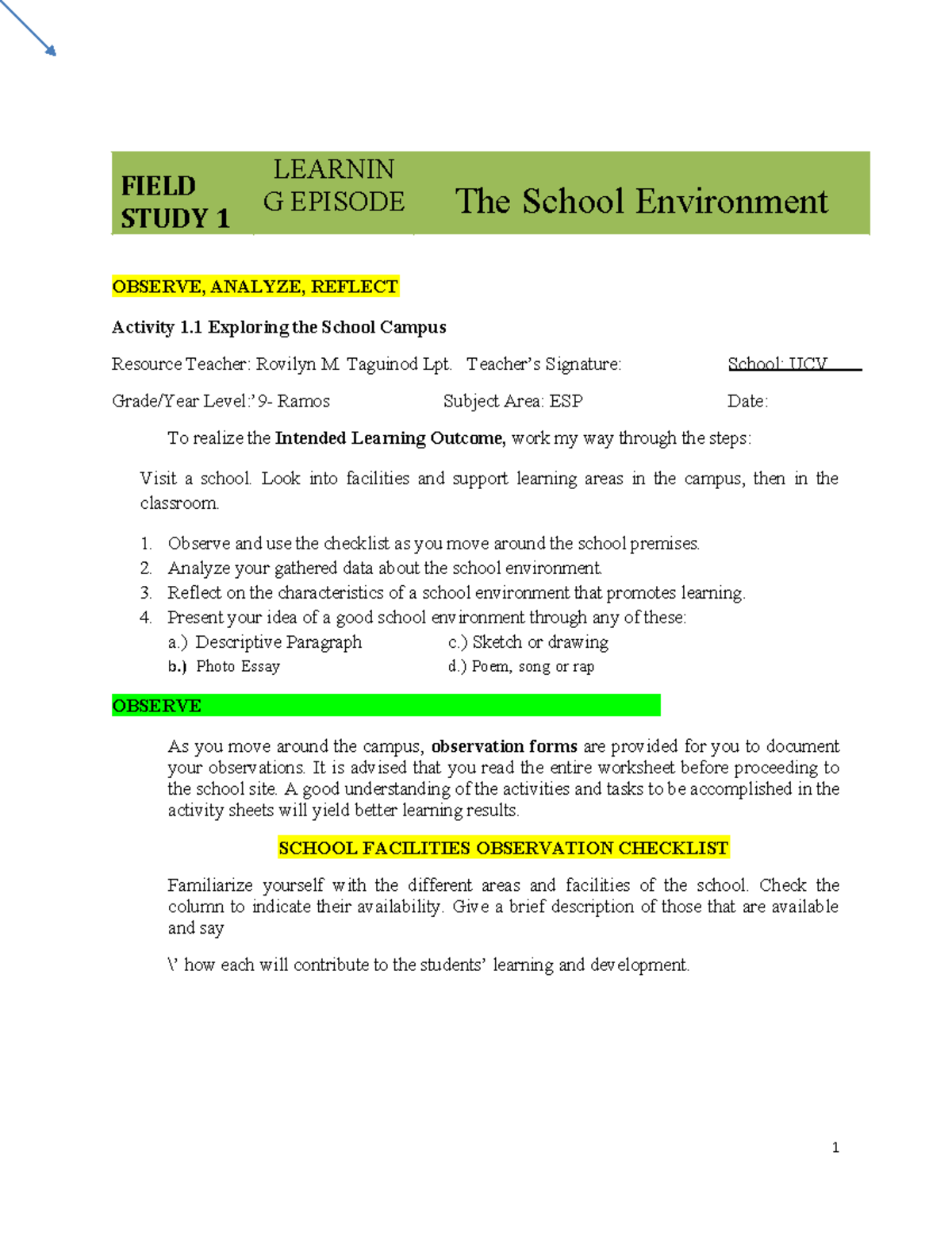 Field Study 1 final - FIELD STUDY 1 LEARNIN G EPISODE The School ...