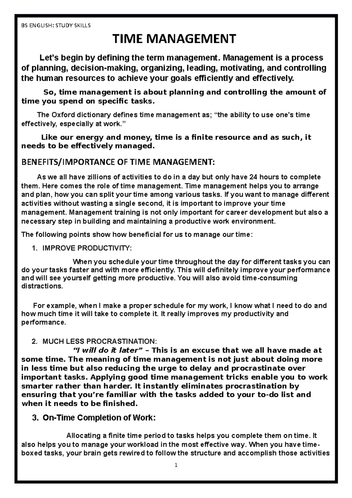 TIME Management - BS ENGLISH: STUDY SKILLS TIME MANAGEMENT Let’s begin ...