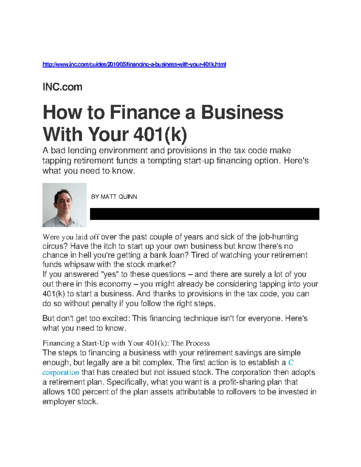 How to Finance Business with 401K - inc/guides/2010/05/financing-a ...