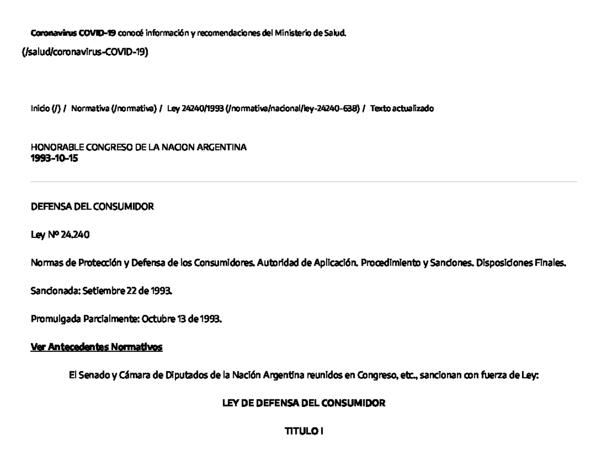Ley 24.240 actualizada. Ley de Defensa del Consumidor - Coronavirus ...