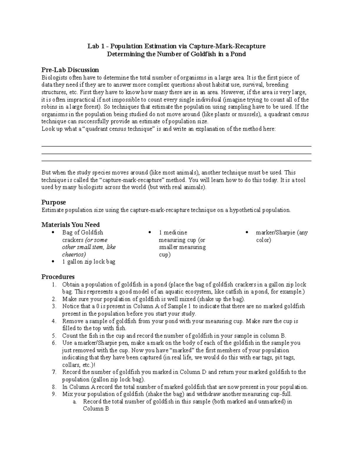 EN 100 Lab 1 - Capture Mark Recapture - Lab 1 - Population Estimation ...