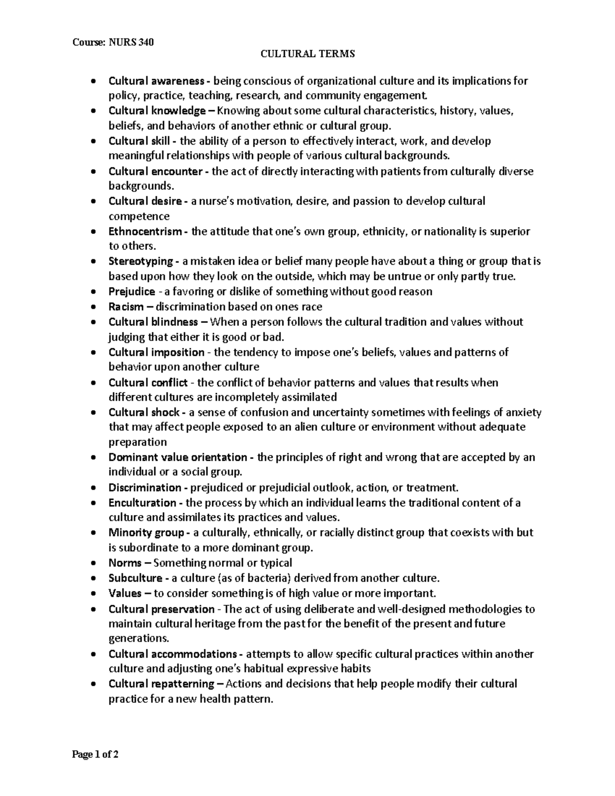 Cultural Terms - Course: NURS 340 CULTURAL TERMS Page 1 of 2 - Cultural ...