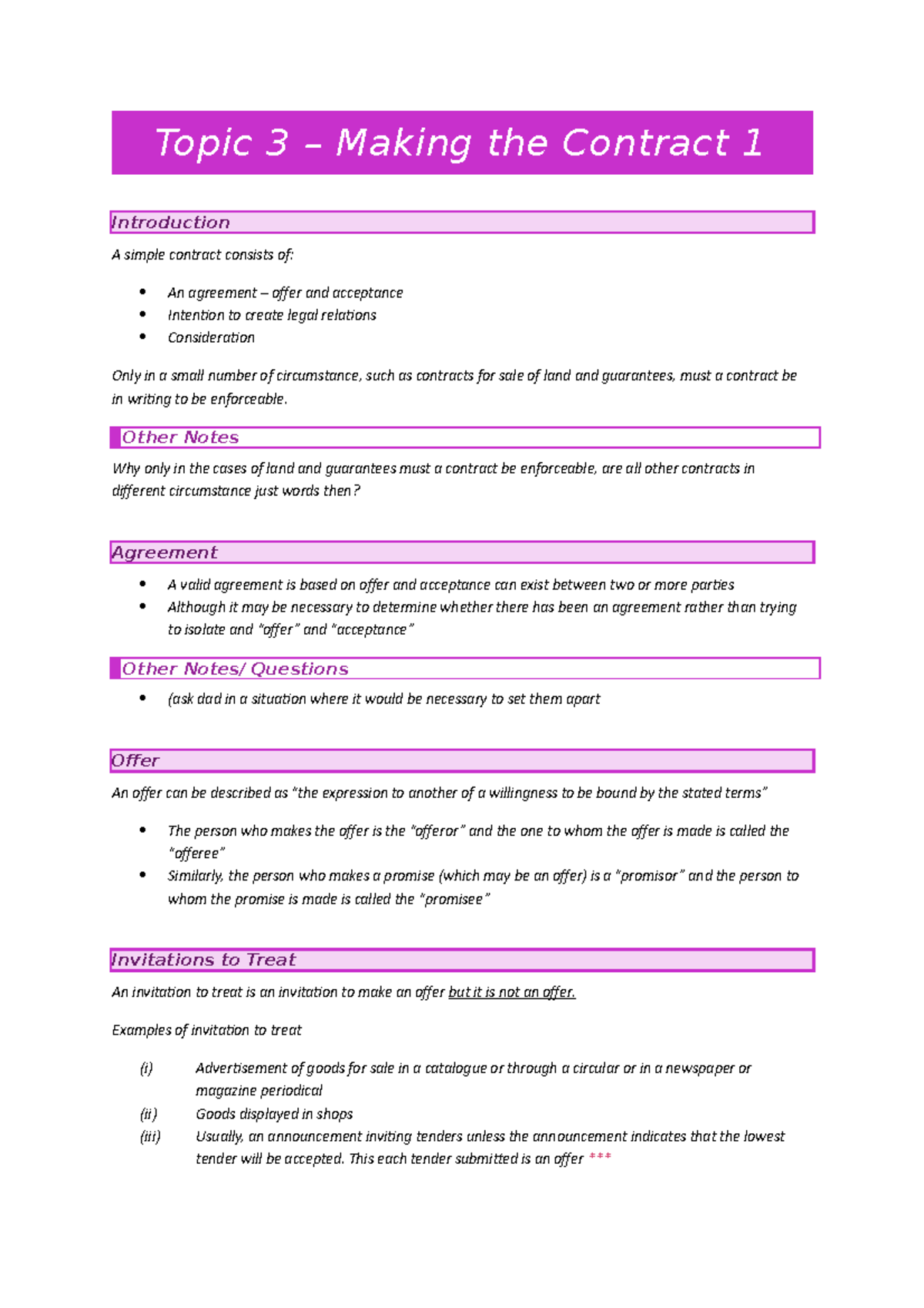 Making of a Contract - Topic 3 Making the Contract 1 Introduction A ...
