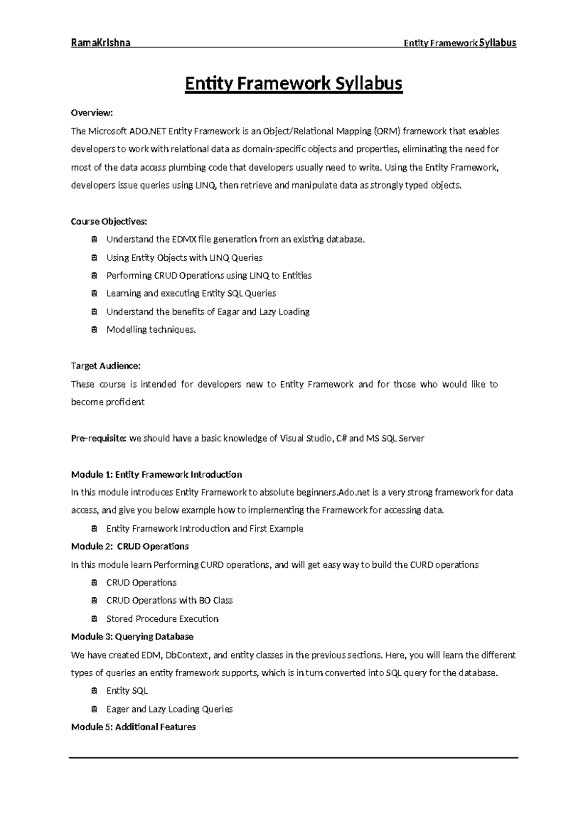 Syllabus of Entity Frame Work - RamaKrishna Entity Framework Syllabus ...