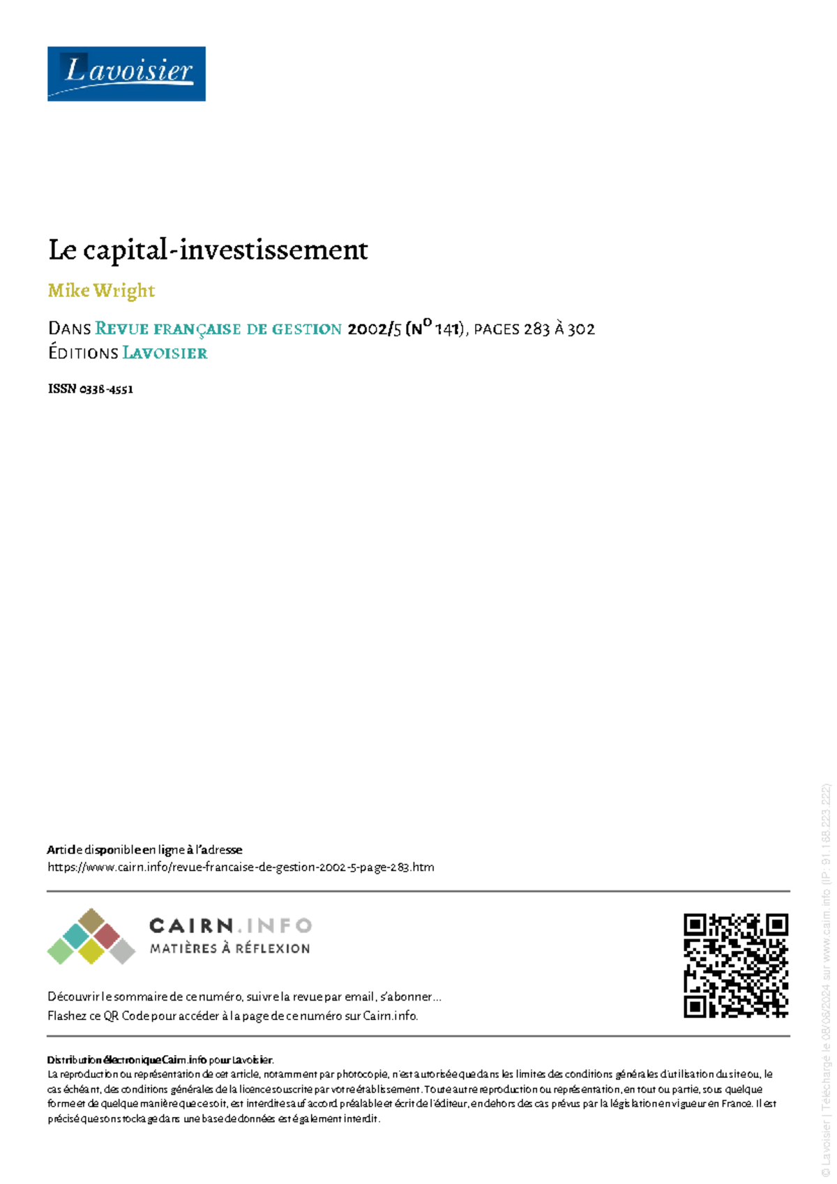 RFG 141 0283 - Le capital-investissement Mike Wright Dans Revue ...