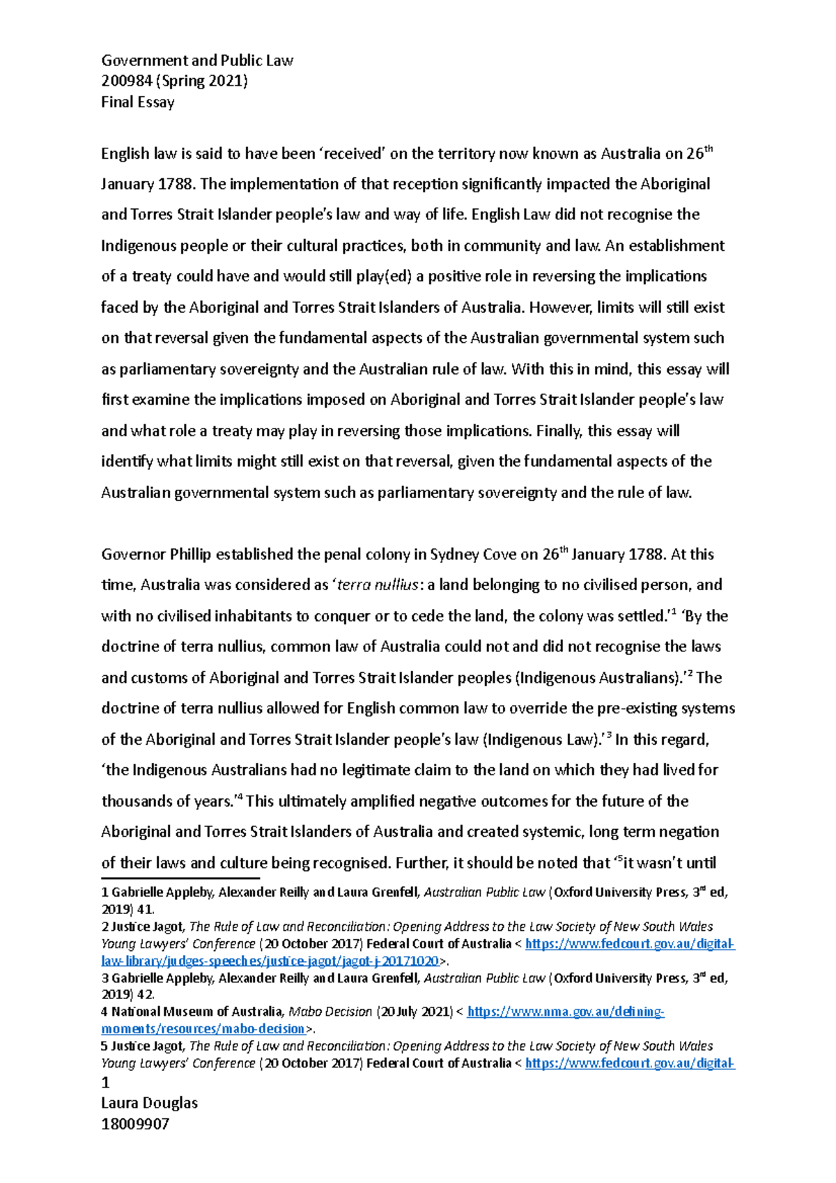 Draft Essay - Assessment one (Government & Public Law) - 200984 (Spring ...