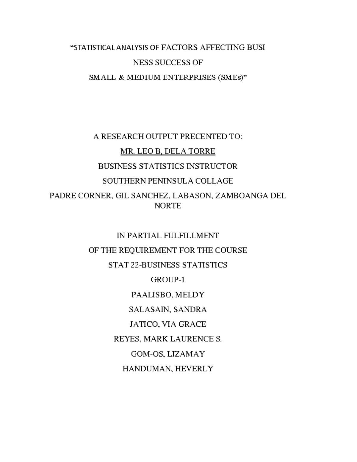 ' Factors Affecting Business Success OF Heverly Group' - “STATISTICAL ...