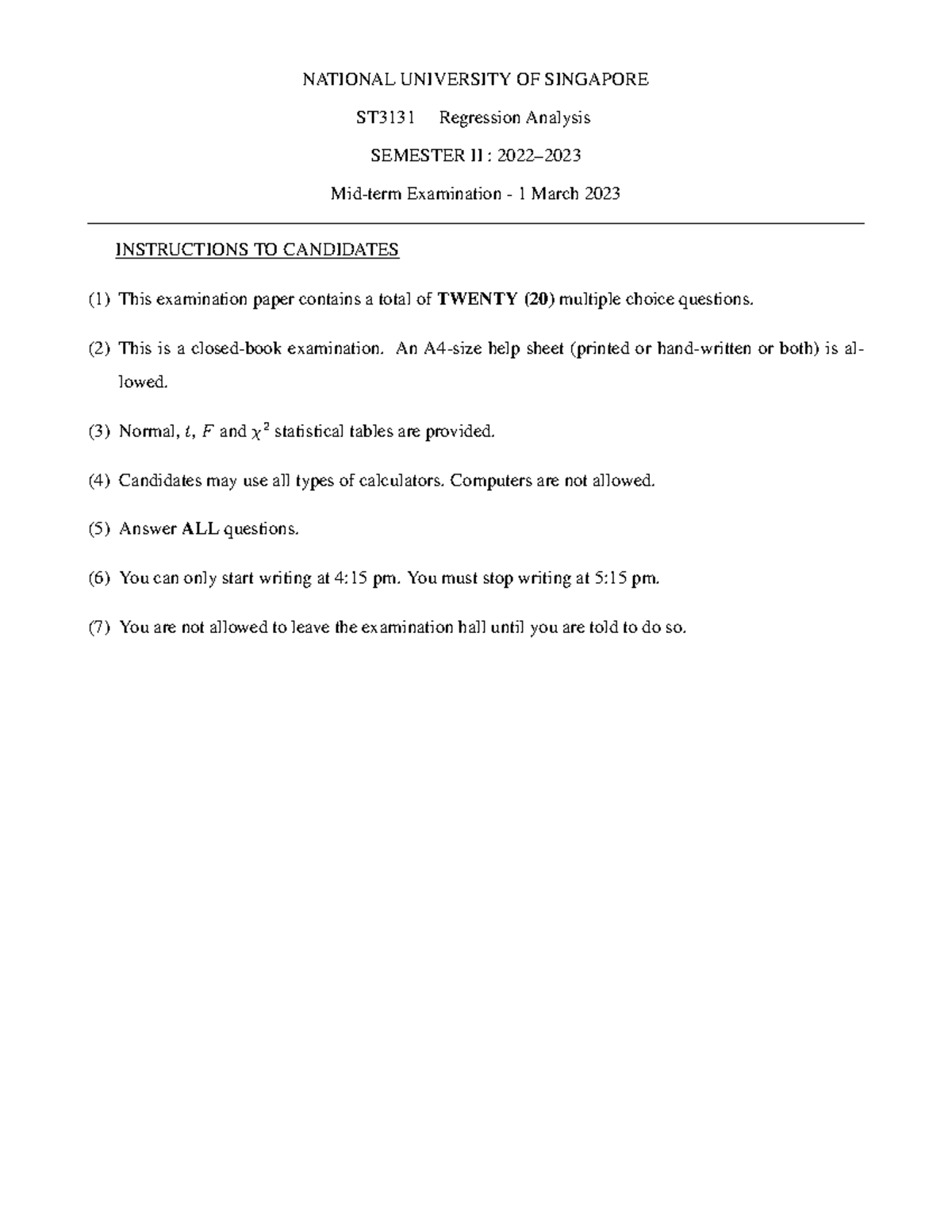 2023 midterm exam - NATIONAL UNIVERSITY OF SINGAPORE ST3131 Regression ...