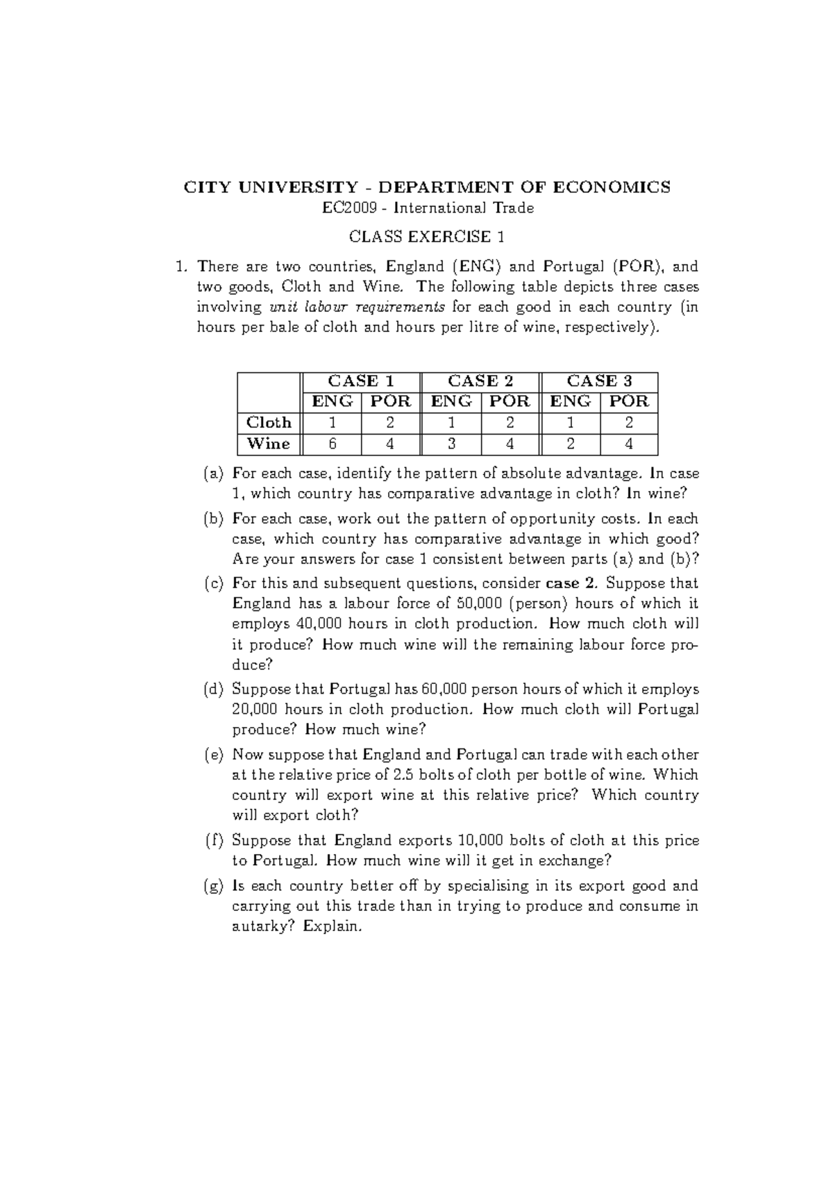 Tutorial 1 Questions - CITY UNIVERSITY - DEPARTMENT OF ECONOMICS EC2009 ...