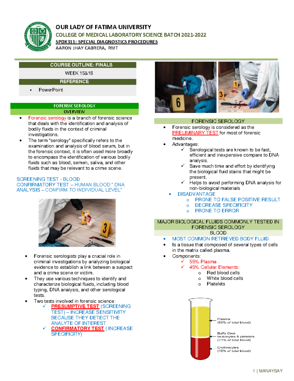 SPDX 311 WEEK 15 16 Forensic Serology - OUR LADY OF FATIMA UNIVERSITY COLLEGE OF MEDICAL ...