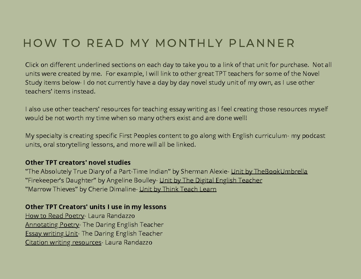 Semester Long Calendarfor English First Peoples First Nations Studiesin ...