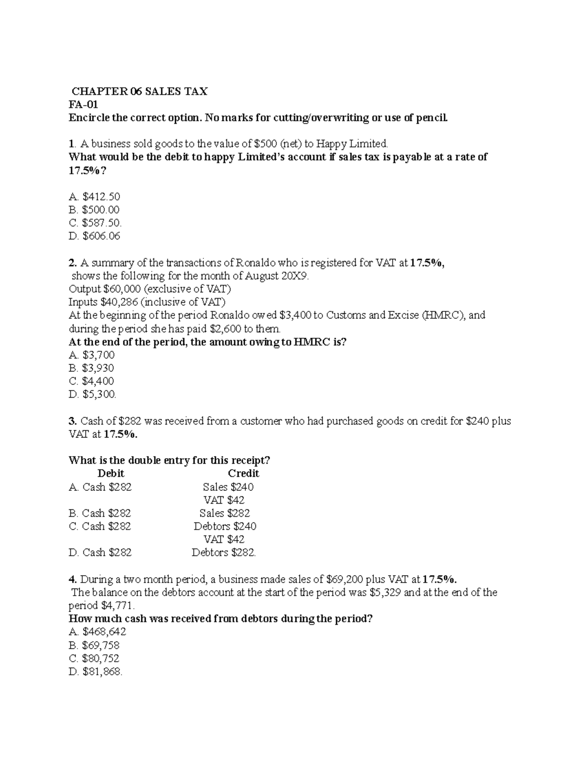 Chapter 06 Sales TAX - CHAPTER 06 SALES TAX FA- Encircle the correct ...