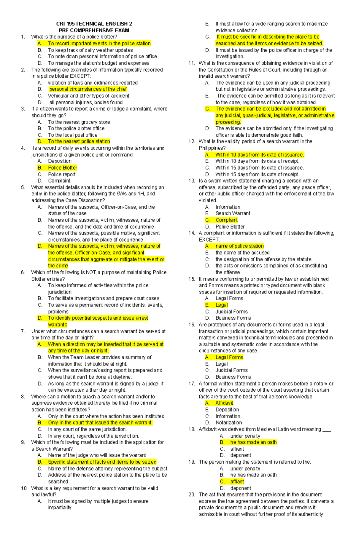 CRI 195 PRE Comprehensive EXAM - CRI 195 TECHNICAL ENGLISH 2 PRE COMPREHENSIVE EXAM What is the ...