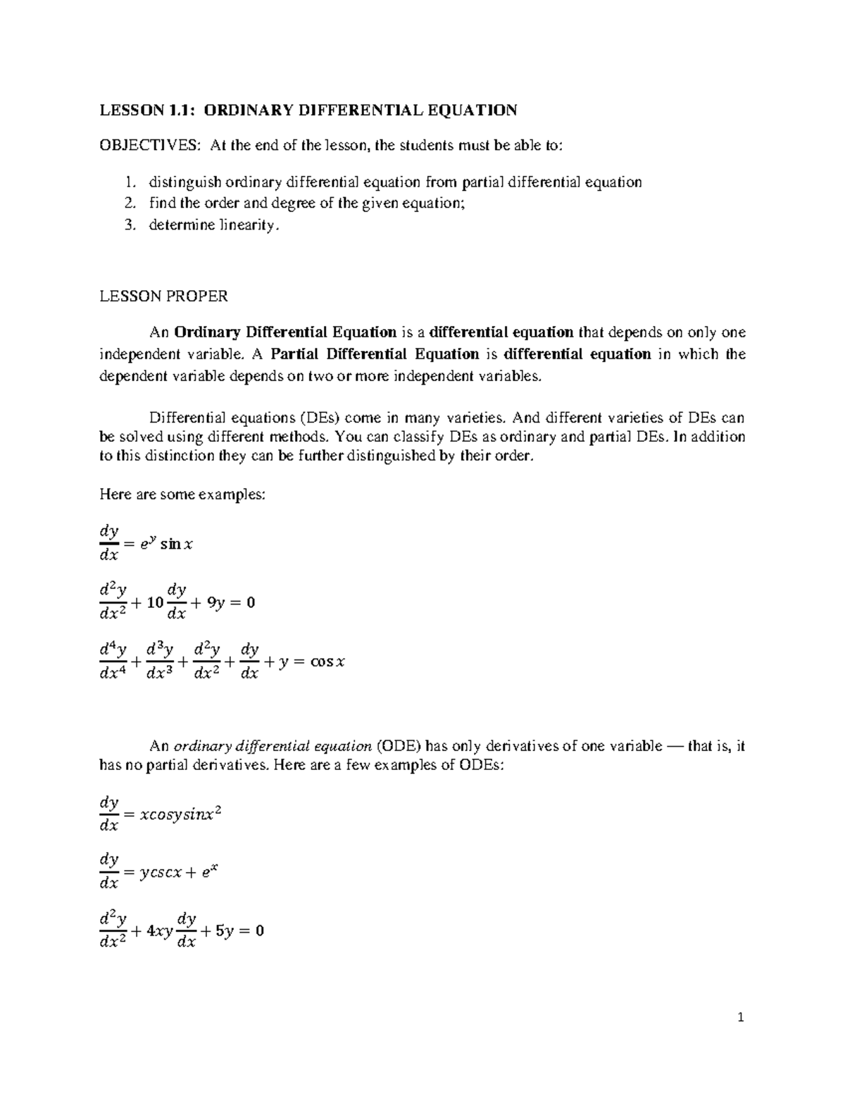 Lesson 1 - Differential Equations - LESSON 1: ORDINARY DIFFERENTIAL ...