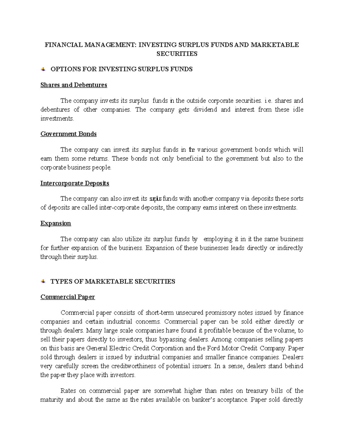 FINMAN: Investing Surplus Funds and Marketable Securities - FINANCIAL ...