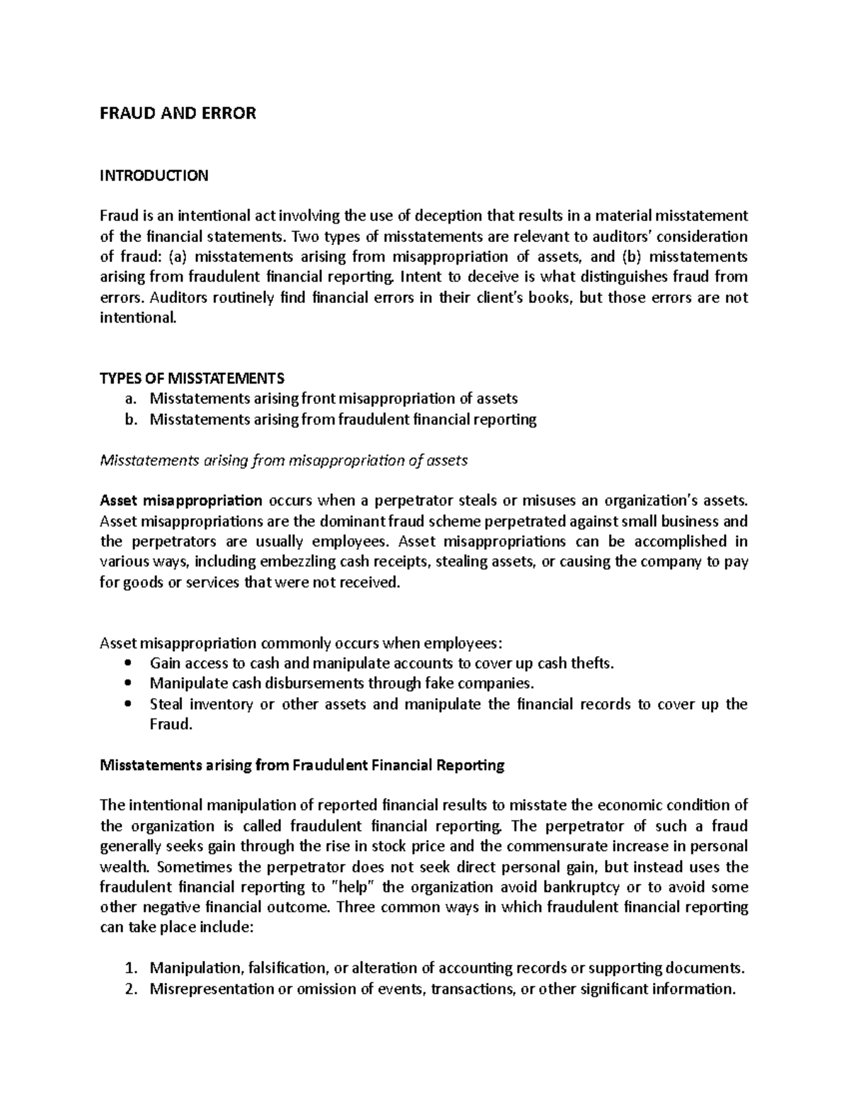 Fraud-AND- Error - FRAUD AND ERROR INTRODUCTION Fraud is an intentional ...