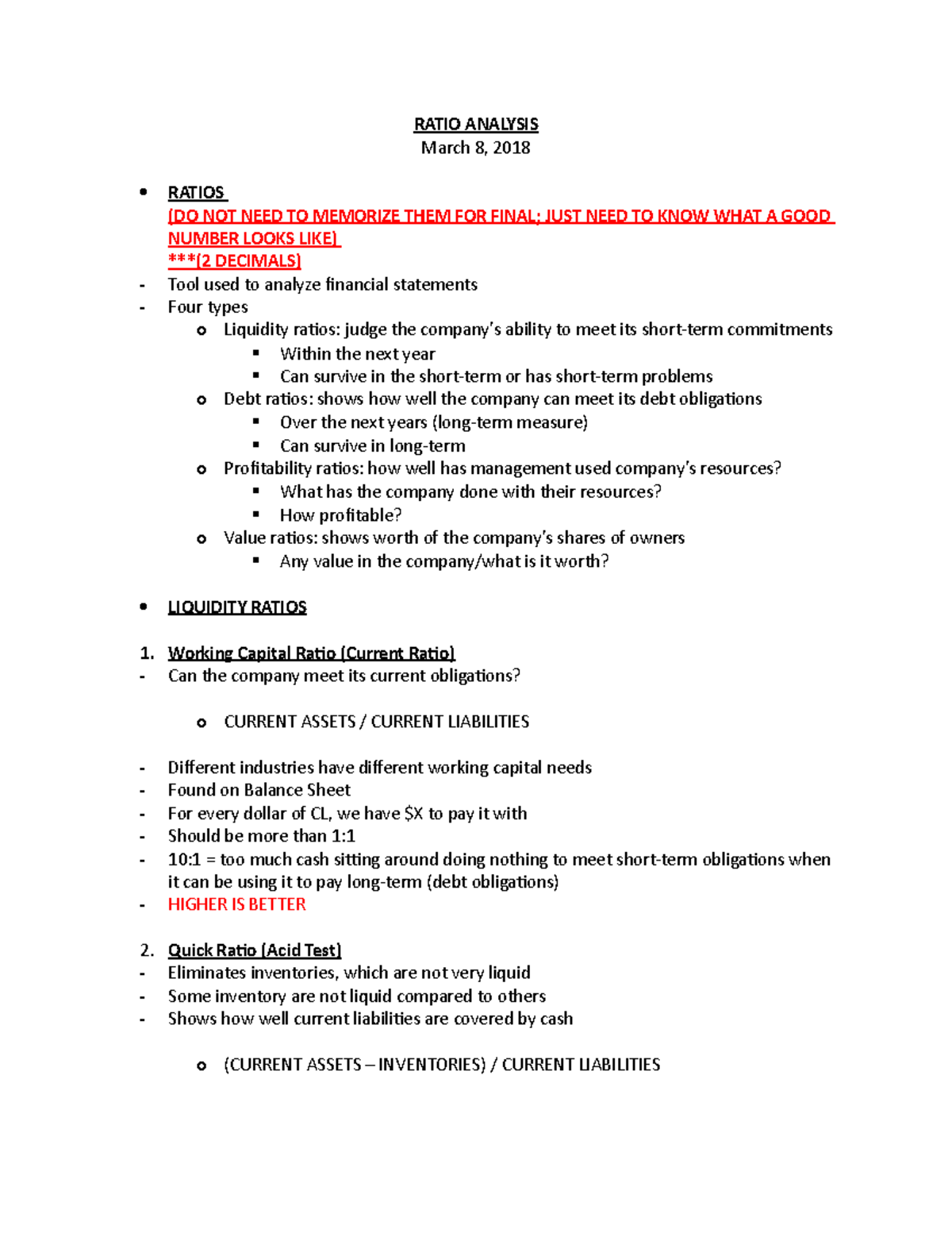 Ratios - notes - RATIO ANALYSIS March 8, 2018 RATIOS (DO NOT NEED TO ...