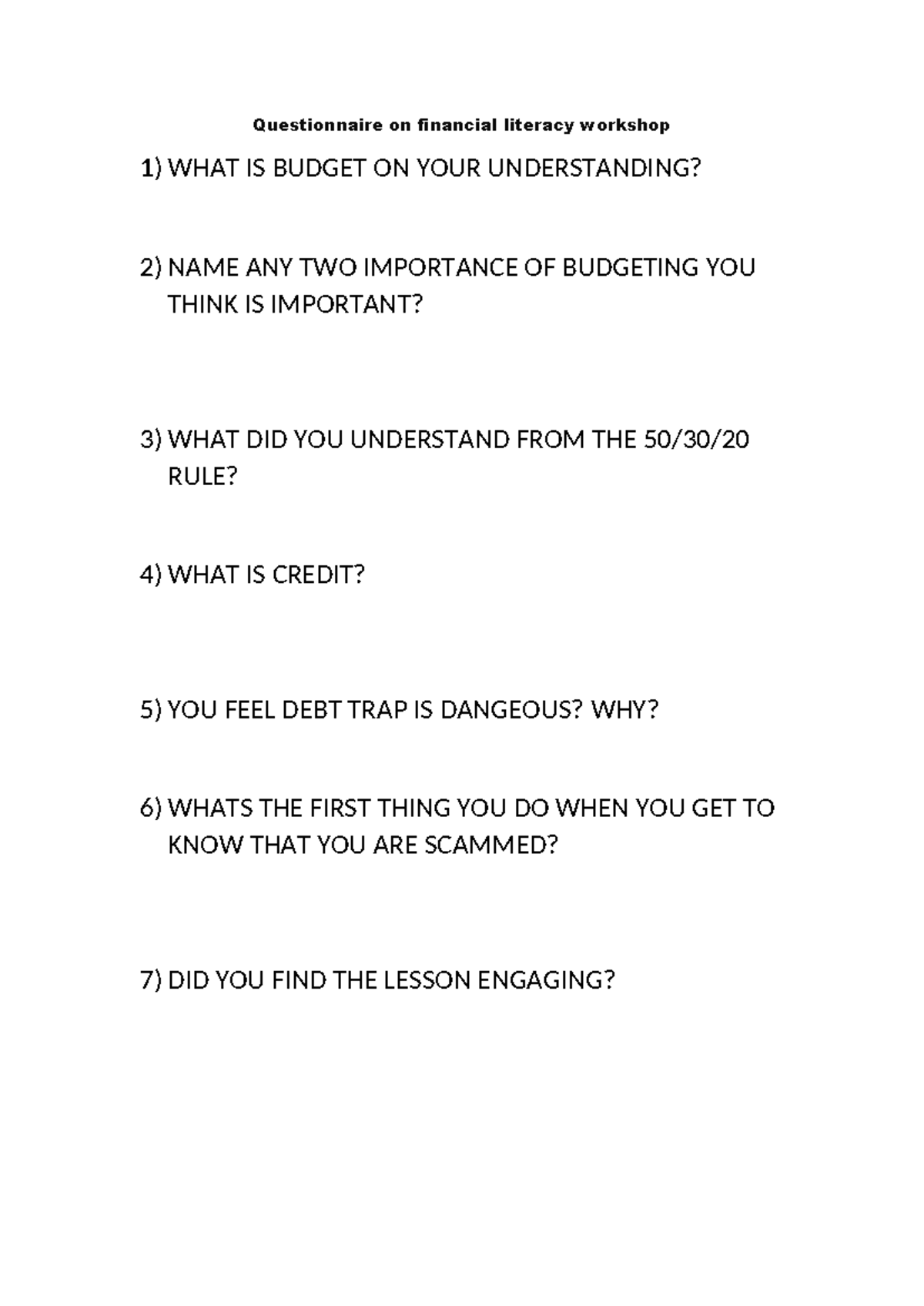 Questionnaire on financial literacy workshop WS3 - Finance and ...