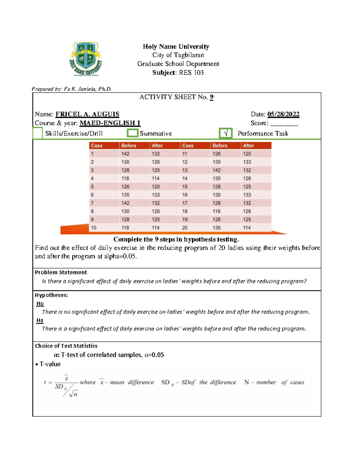 Inferential Statistics - T-test Activity with Answers - Holy Name ...