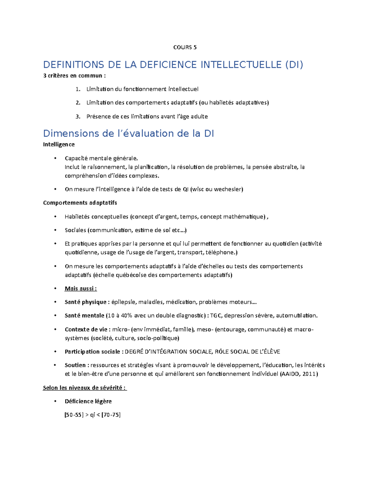 Cours 5 - COURS 5 DEFINITIONS DE LA DEFICIENCE INTELLECTUELLE (DI) 3 ...