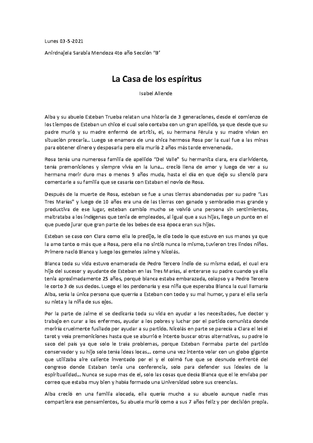 La Casa de Los Espíritus Castellano - Lunes 03-5- Anirdnajela Sarabia ...