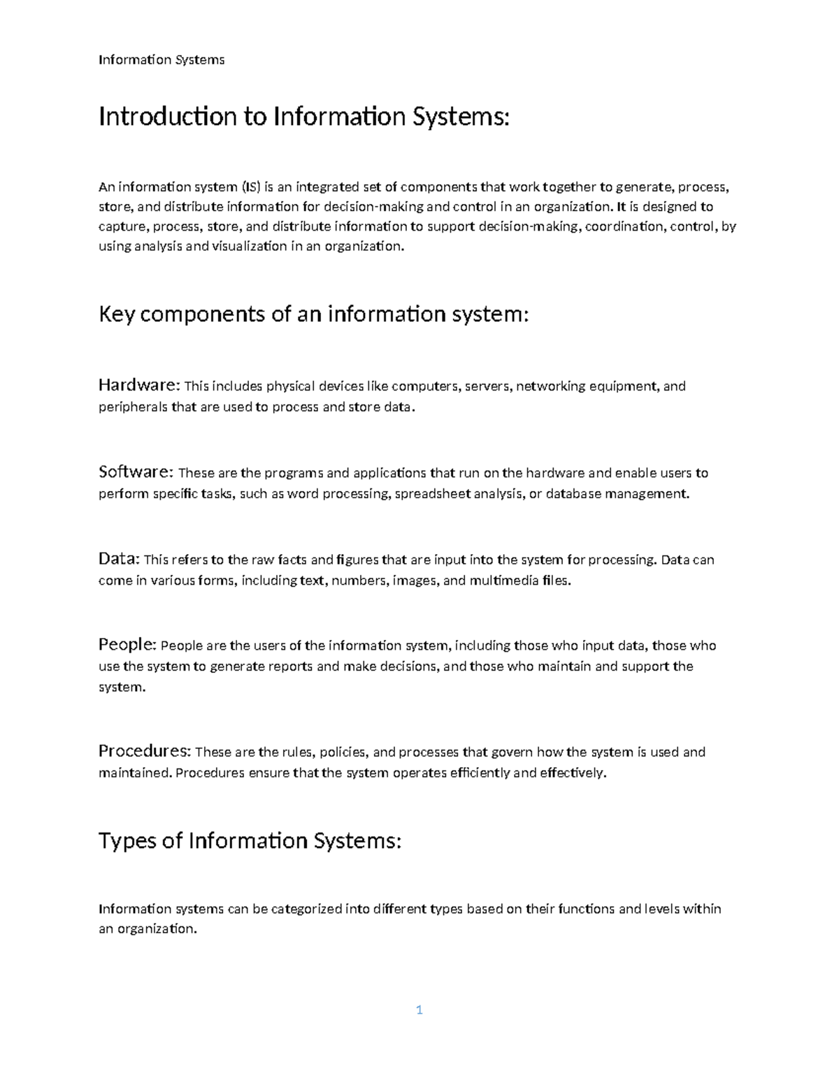 Introduction to Information Systems - Information Systems Introduction to Information Systems ...