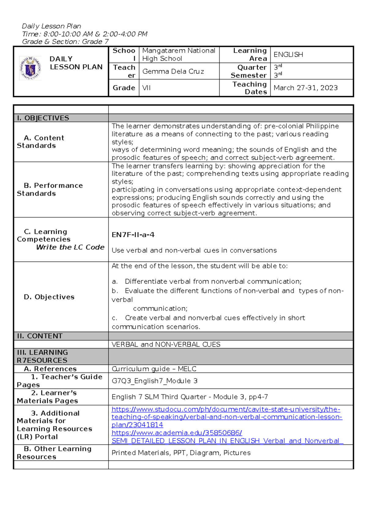 SDLP G7Q3M3 Verbal AND Nonverbal - Daily Lesson Plan Time: 8:00-10:00 ...