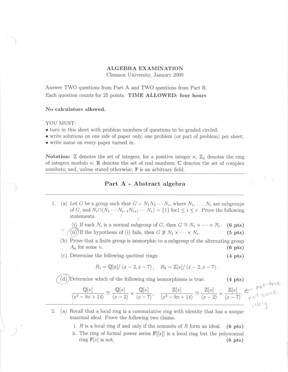 Mathprelim-2009-Jan part 1 - ALGEBRA EXAMINATION Clemson University ...